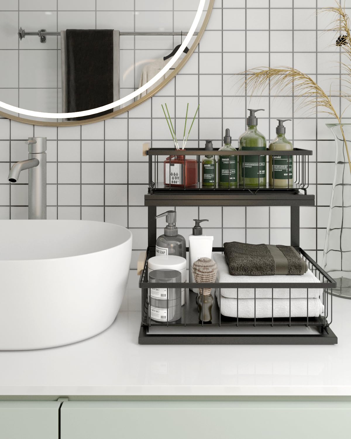 Lefipor Under Sink Organizer L-shaped. 2 Tier Pull Out Cabinet Organizer. Metal Sliding Shelf Storage. Slide Out Under Sink Storage Organizer for Kitchens, Bathrooms-Black