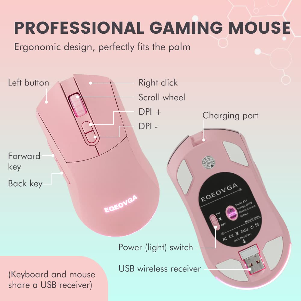 Wireless Mechanical Keyboard and Mouse Combo - RGB Backlit, Rechargeable Battery, Ergonomic Design, 2.4G Wireless Connection, 87-Key for Gaming and Typing(Pink)