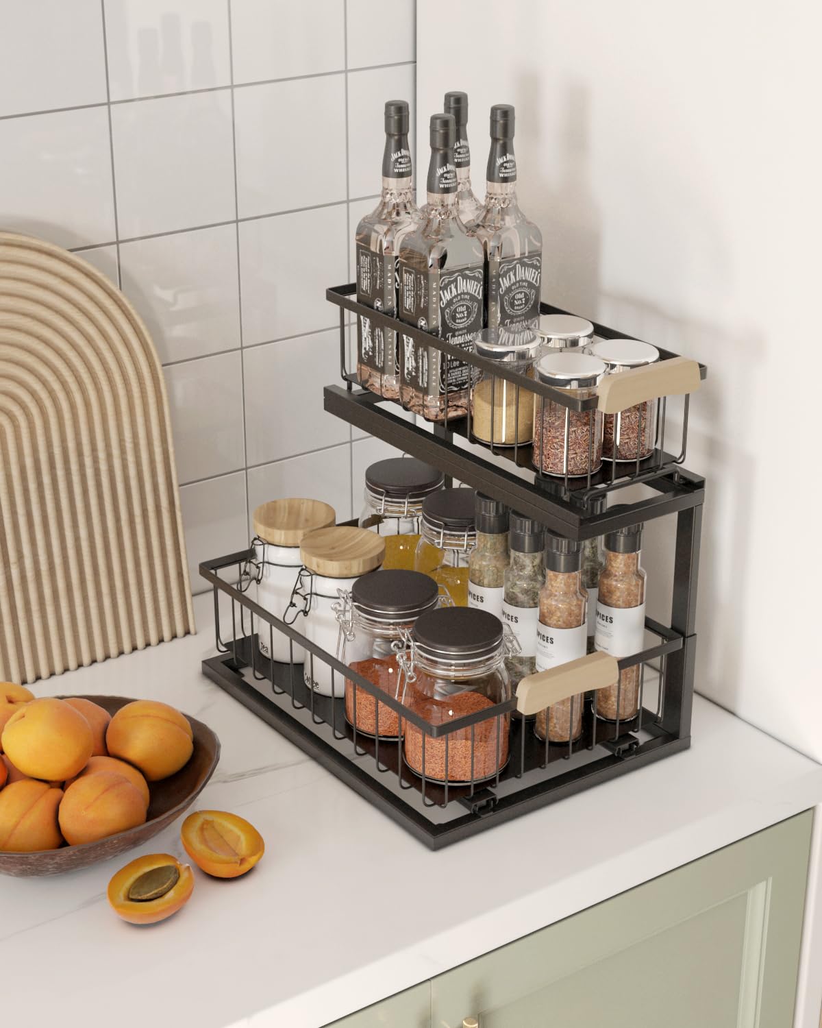 Lefipor Under Sink Organizer L-shaped. 2 Tier Pull Out Cabinet Organizer. Metal Sliding Shelf Storage. Slide Out Under Sink Storage Organizer for Kitchens, Bathrooms-Black