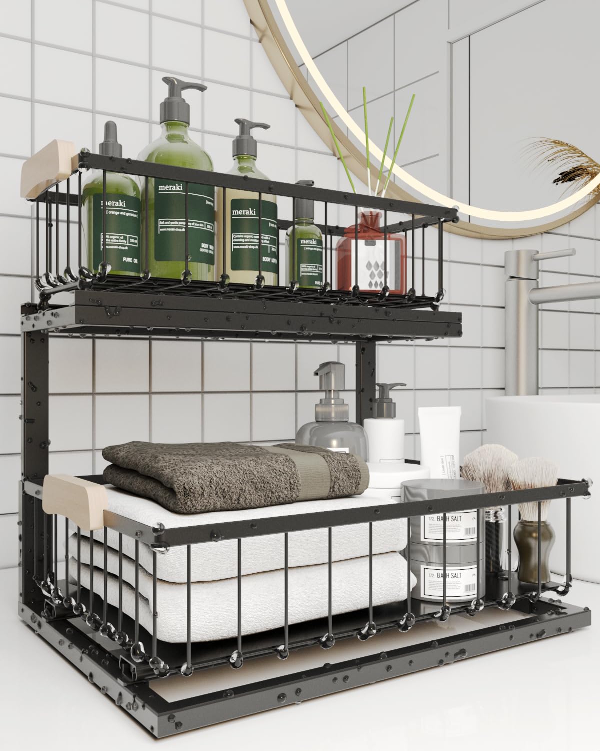Lefipor Under Sink Organizer L-shaped. 2 Tier Pull Out Cabinet Organizer. Metal Sliding Shelf Storage. Slide Out Under Sink Storage Organizer for Kitchens, Bathrooms-Black