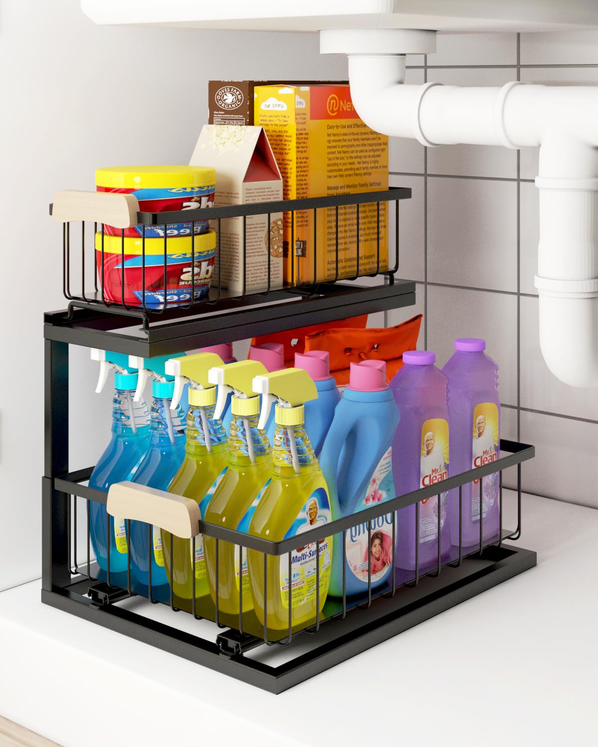 Lefipor Under Sink Organizer L-shaped. 2 Tier Pull Out Cabinet Organizer. Metal Sliding Shelf Storage. Slide Out Under Sink Storage Organizer for Kitchens, Bathrooms-Black
