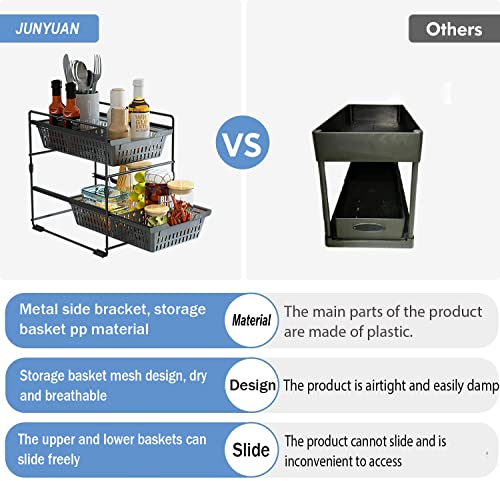 junyuan Under Sink Organizers and Storage,Bathroom Countertop Organizer,Pull Out Cabinet Organizer Baskets with Dividers,Black