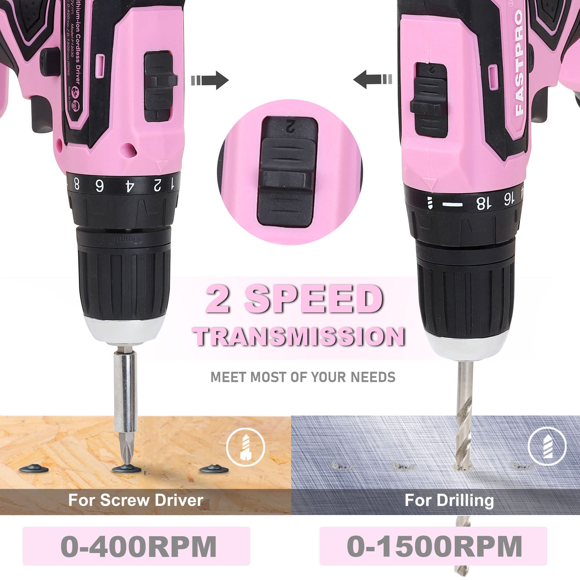 FASTPRO 232-Piece 20V Pink Cordless Lithium-ion Drill Driver and Home Tool Set, Lady's Home Repairing Tool Kit with 12-Inch Wide Mouth Open Storage Tool Bag