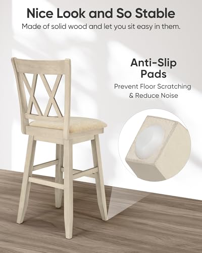 Bar Stools Set of 3, 30.3" Seat H for 39.3"~41.3" Counter Height, 360° Swivel Modern Bar Stool with Curved Wooden Back, Luxury Cloth Fabric Upholstered Counter Stools for Kitchen Island Counter