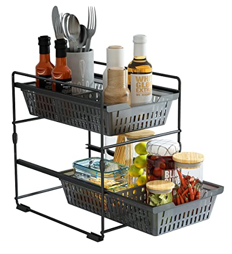 junyuan Under Sink Organizers and Storage,Bathroom Countertop Organizer,Pull Out Cabinet Organizer Baskets with Dividers,Black