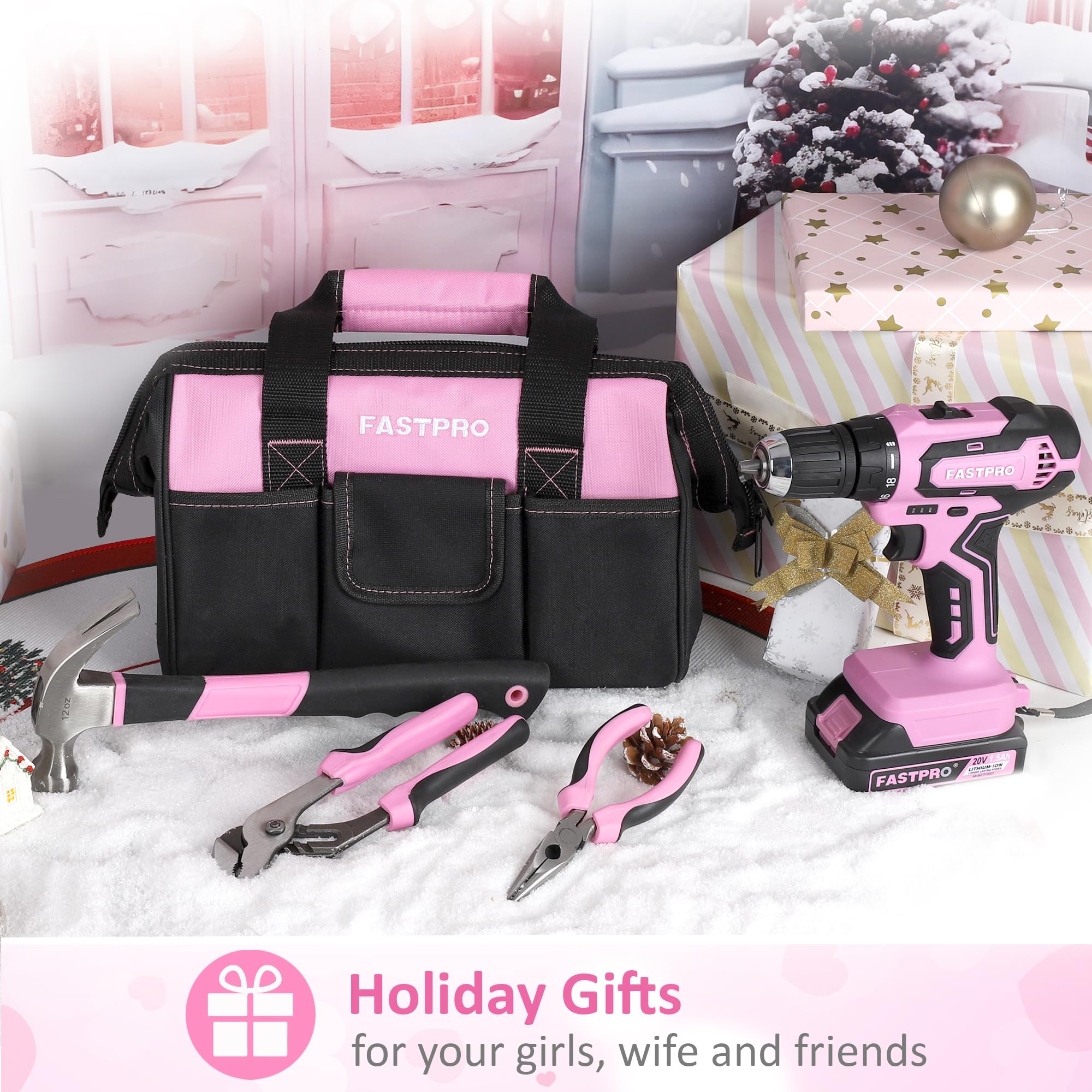 FASTPRO 232-Piece 20V Pink Cordless Lithium-ion Drill Driver and Home Tool Set, Lady's Home Repairing Tool Kit with 12-Inch Wide Mouth Open Storage Tool Bag