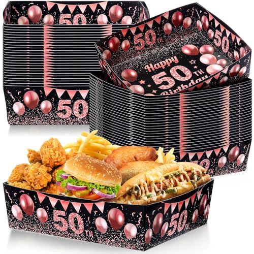 Tenceur 50 Pcs 50th Birthday Party Supplies Trays 5 lb Black and Rose Gold Large Paper Boats for Food Disposable Snack Serving Nacho Trays for Men Women Happy 50 Years Birthday Party Supplies
