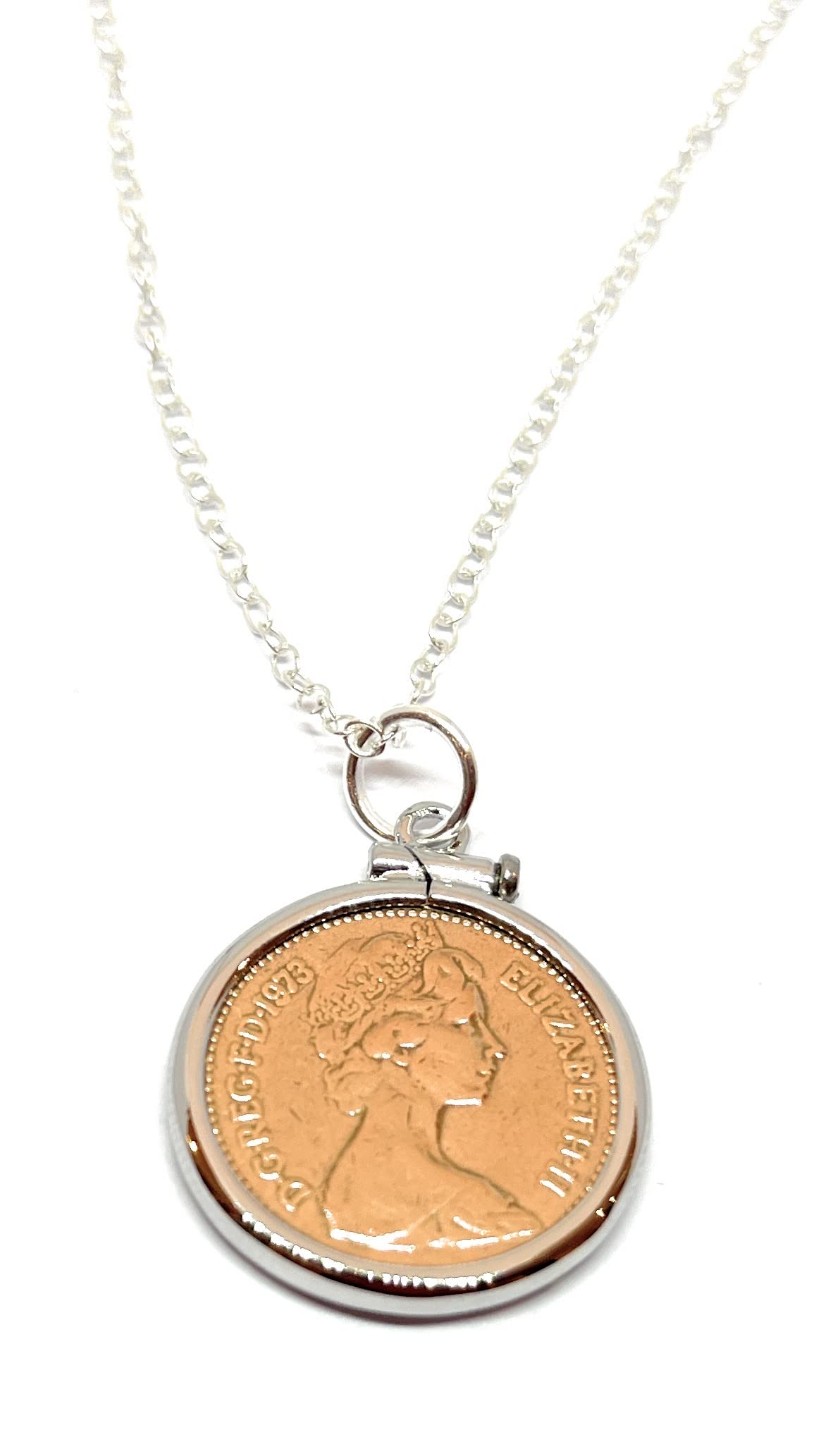 OCC Old Coin Cufflinks Solid 1973 50th Birthday / Anniversary one pence Cinch Pendant - one pence Pendant from 1973 for a 50th Birthday, Silver Plated