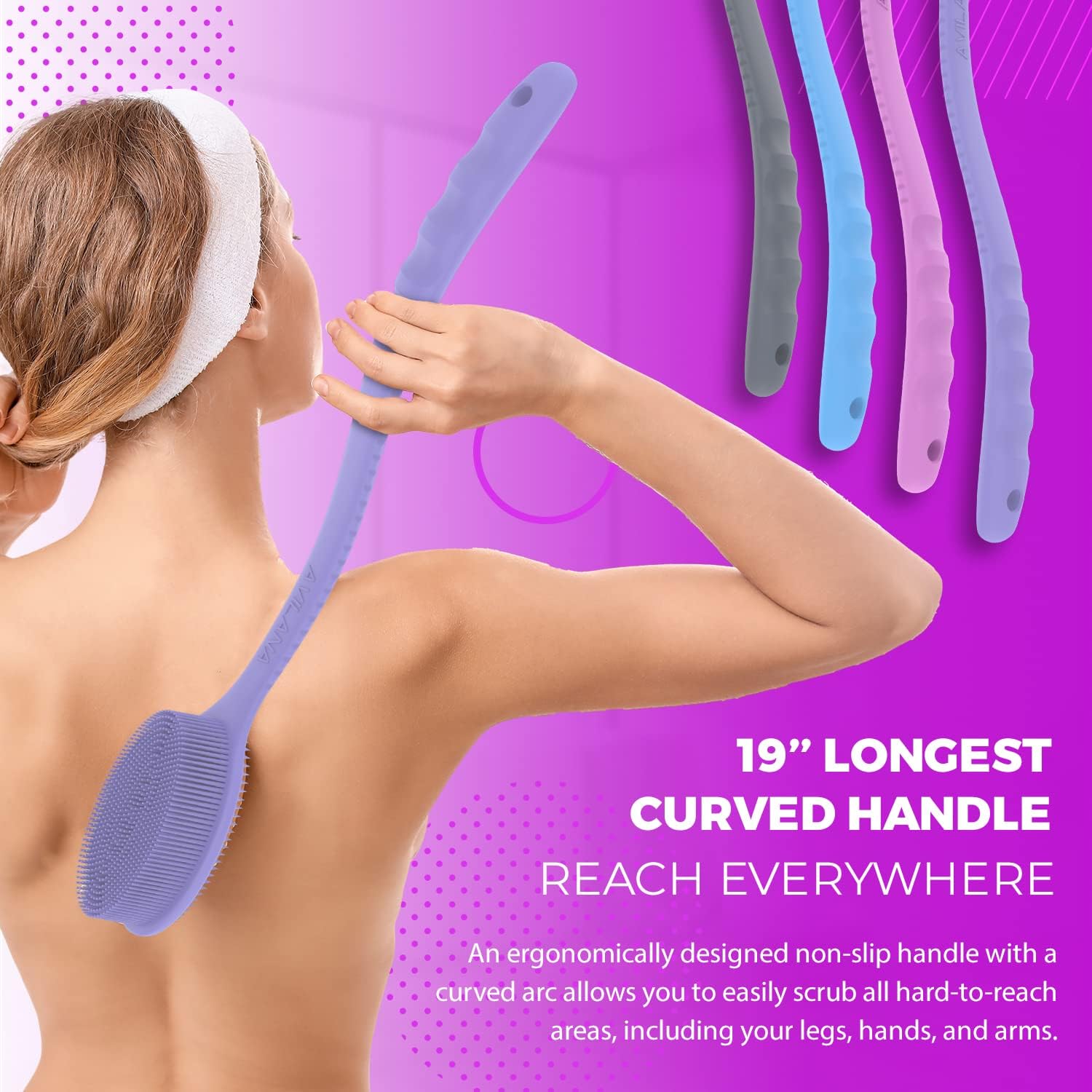 Avilana Back Scrubber for Shower,19 inch Silicone Body Scrubber with Handle, Shower Back Scrubber for Men and Women, Back Brush for Shower, Loofah with Handle Shower Brush (S1-Lavender)