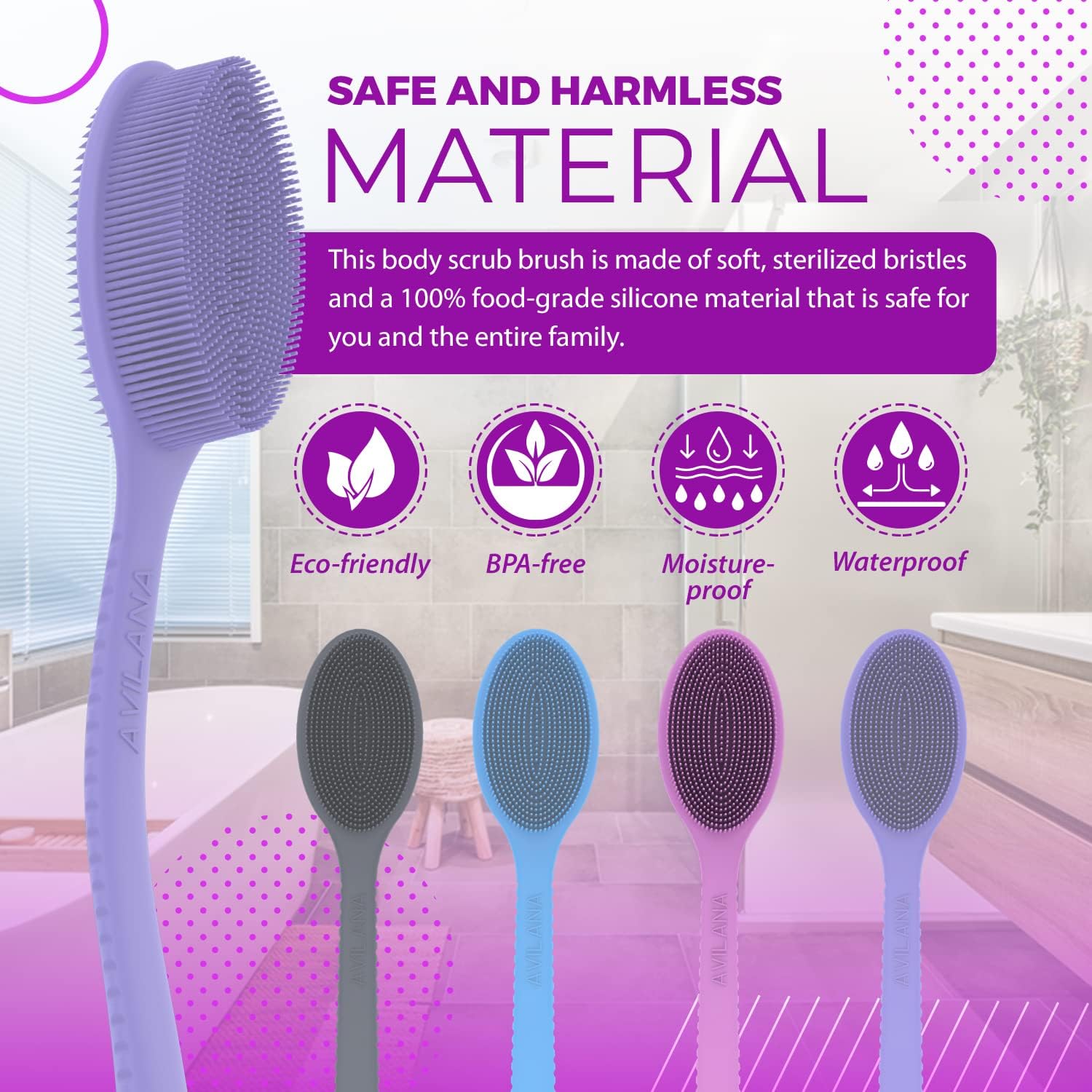 Avilana Back Scrubber for Shower,19 inch Silicone Body Scrubber with Handle, Shower Back Scrubber for Men and Women, Back Brush for Shower, Loofah with Handle Shower Brush (S1-Lavender)