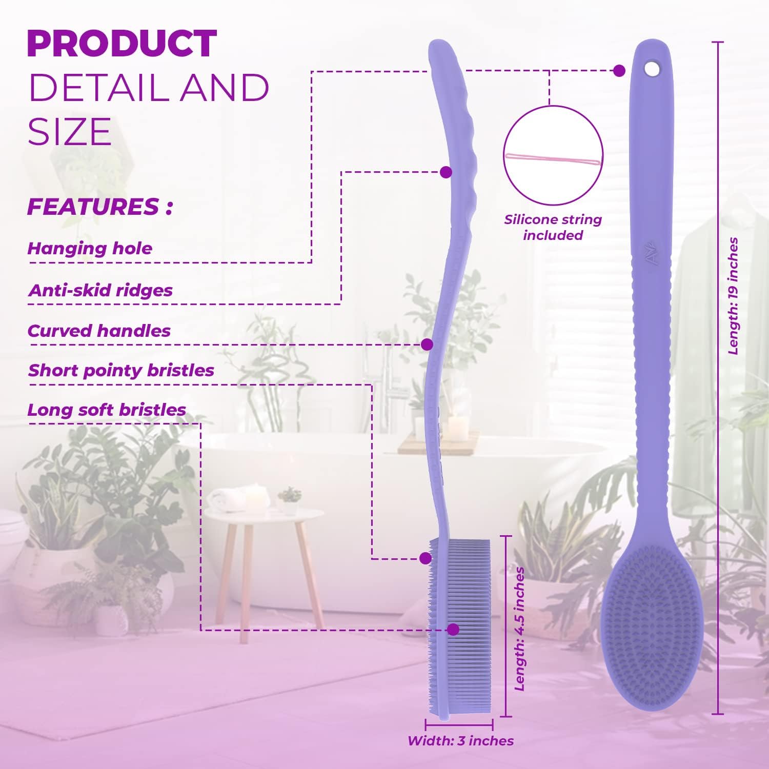Avilana Back Scrubber for Shower,19 inch Silicone Body Scrubber with Handle, Shower Back Scrubber for Men and Women, Back Brush for Shower, Loofah with Handle Shower Brush (S1-Lavender)