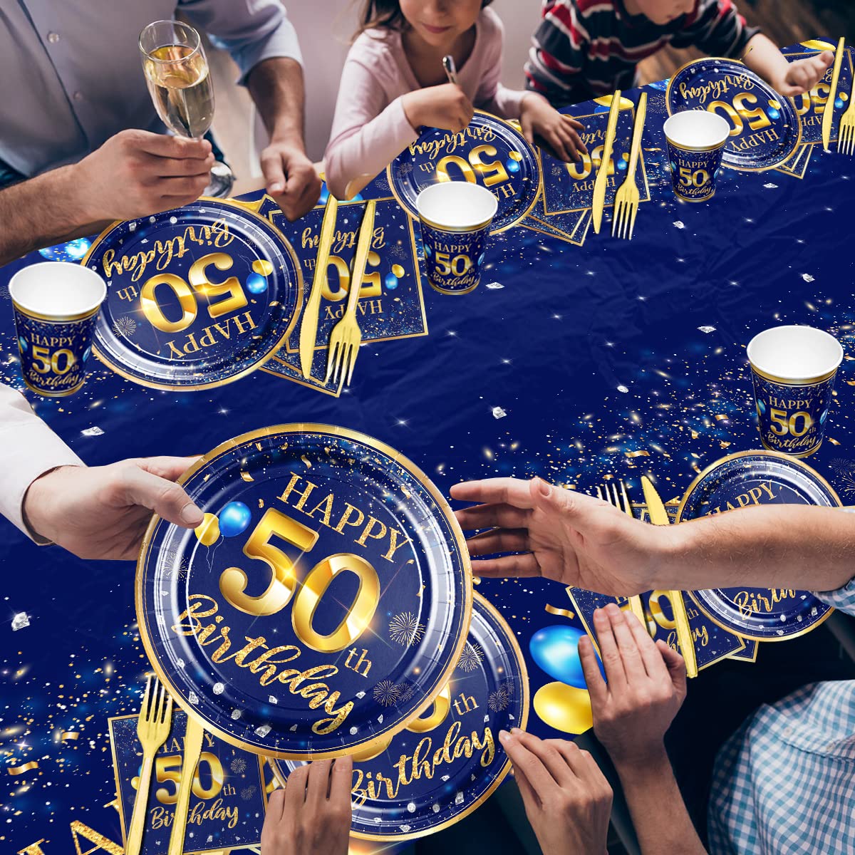 50th Birthday Decoration Men-142pcs Navy Blue and Gold Birthday Tableware Set(Serve for 20) Include Happy 50th Birthday Banner Plates Cups Napkins Tablecloth for Men 50th Birthday Party Supplies (50)