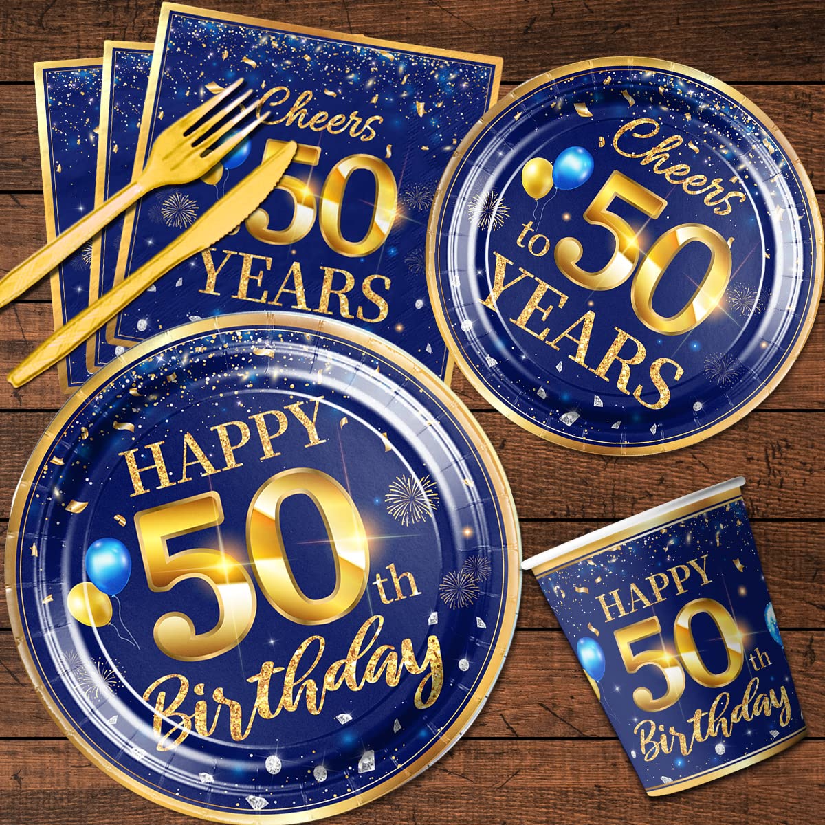 50th Birthday Decoration Men-142pcs Navy Blue and Gold Birthday Tableware Set(Serve for 20) Include Happy 50th Birthday Banner Plates Cups Napkins Tablecloth for Men 50th Birthday Party Supplies (50)