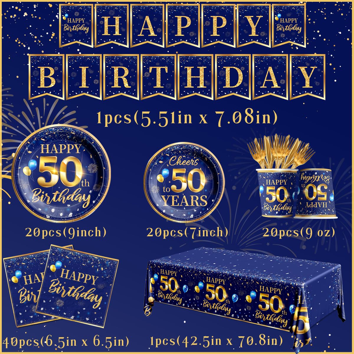 50th Birthday Decoration Men-142pcs Navy Blue and Gold Birthday Tableware Set(Serve for 20) Include Happy 50th Birthday Banner Plates Cups Napkins Tablecloth for Men 50th Birthday Party Supplies (50)