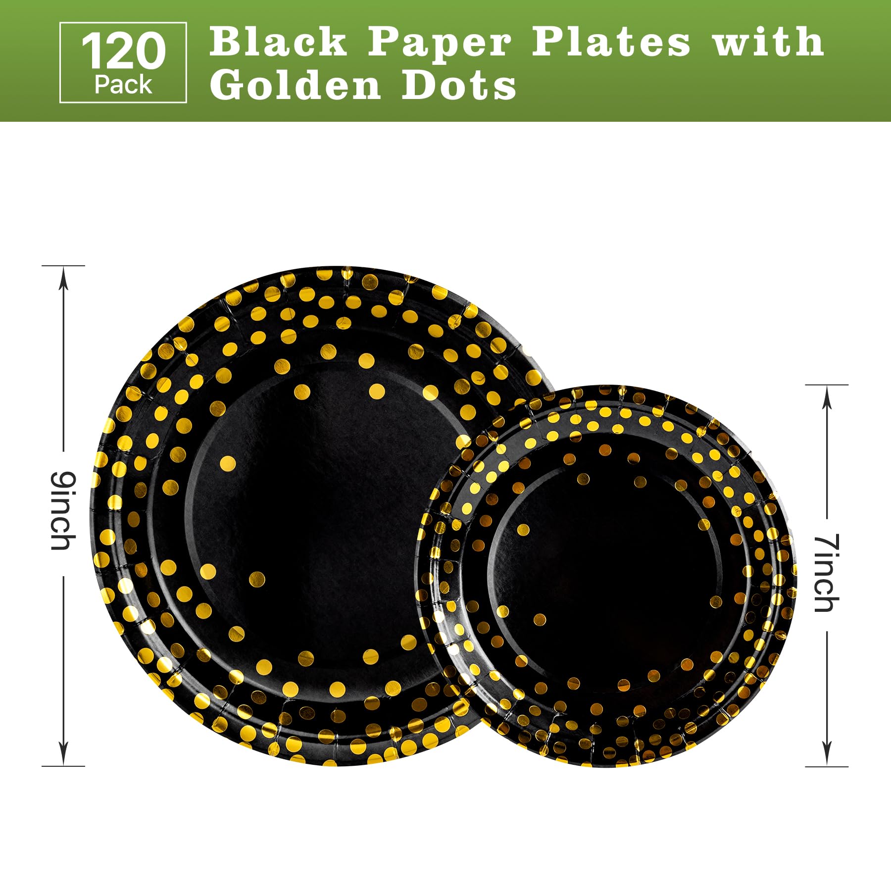 Lullaby 120PCS Black Paper Plates, Black and Gold Paper Plates, 60pcs Dinner Plates 9",60pcs Dessert Plates 7", Disposable Graduation Plates with Golden Dot for Birthday party, Halloween