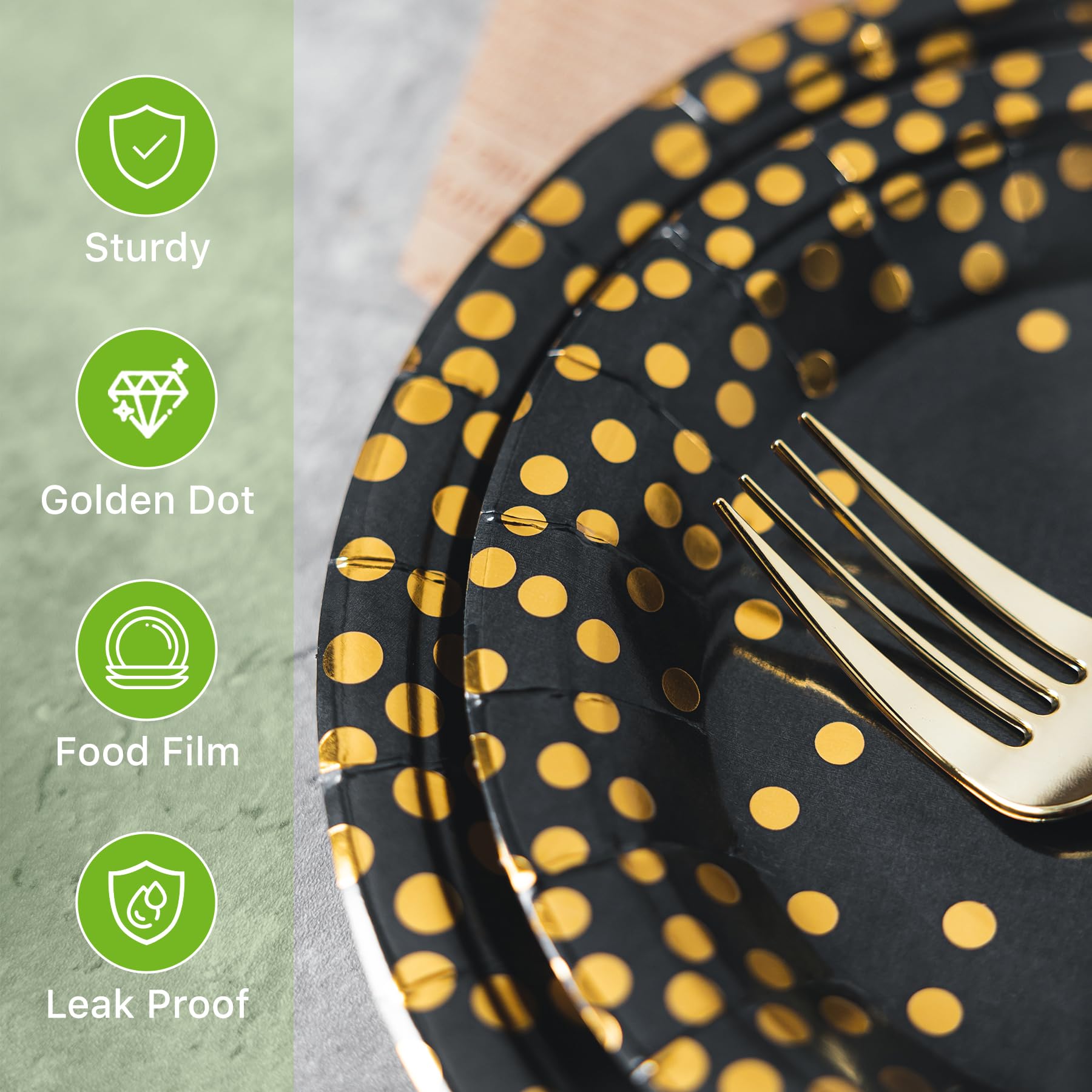 Lullaby 120PCS Black Paper Plates, Black and Gold Paper Plates, 60pcs Dinner Plates 9",60pcs Dessert Plates 7", Disposable Graduation Plates with Golden Dot for Birthday party, Halloween