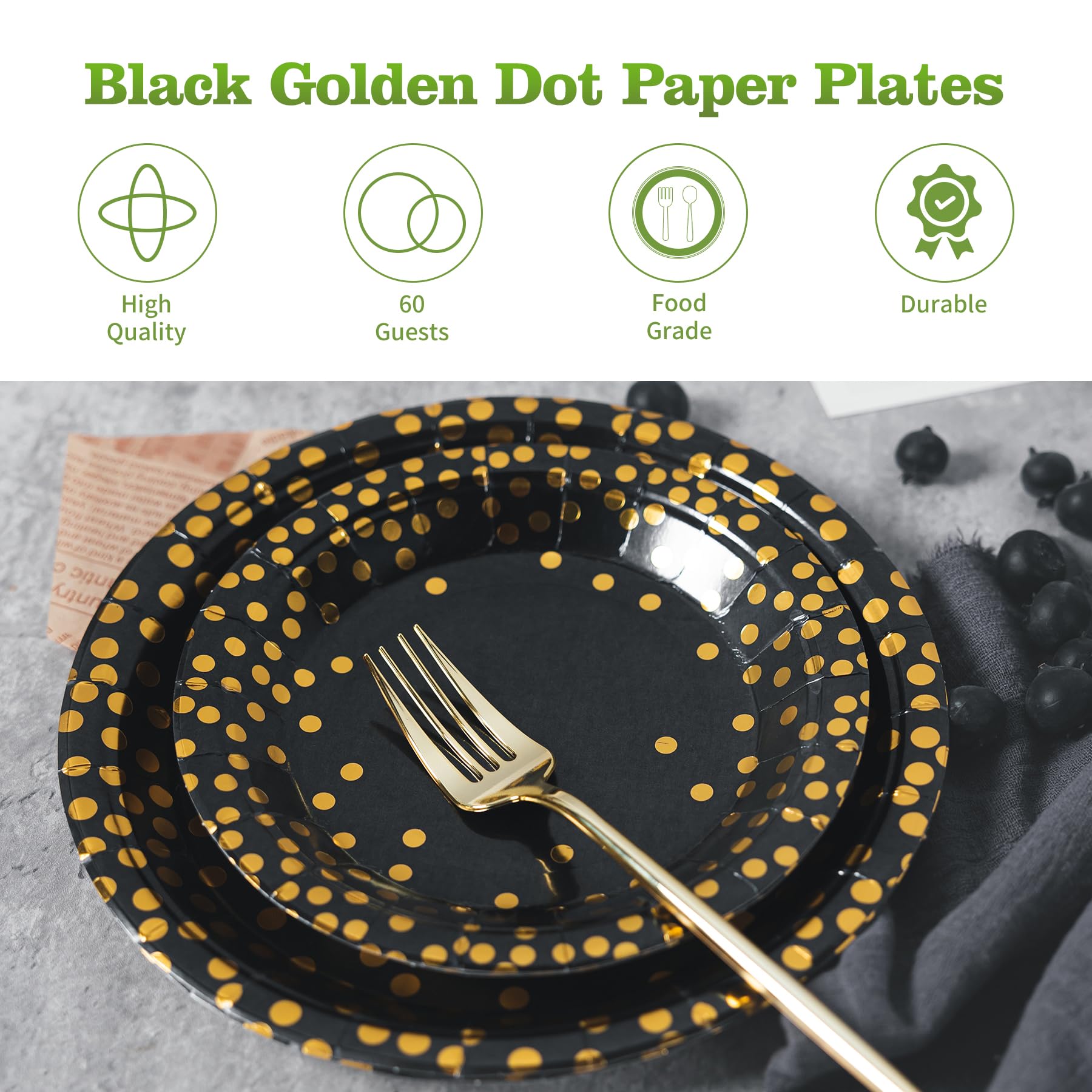 Lullaby 120PCS Black Paper Plates, Black and Gold Paper Plates, 60pcs Dinner Plates 9",60pcs Dessert Plates 7", Disposable Graduation Plates with Golden Dot for Birthday party, Halloween