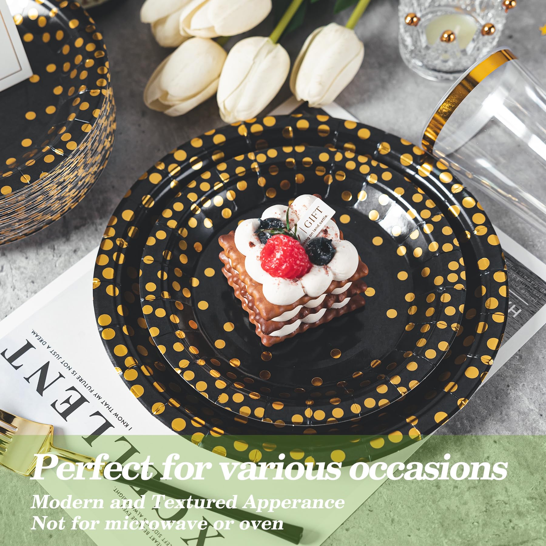 Lullaby 120PCS Black Paper Plates, Black and Gold Paper Plates, 60pcs Dinner Plates 9",60pcs Dessert Plates 7", Disposable Graduation Plates with Golden Dot for Birthday party, Halloween