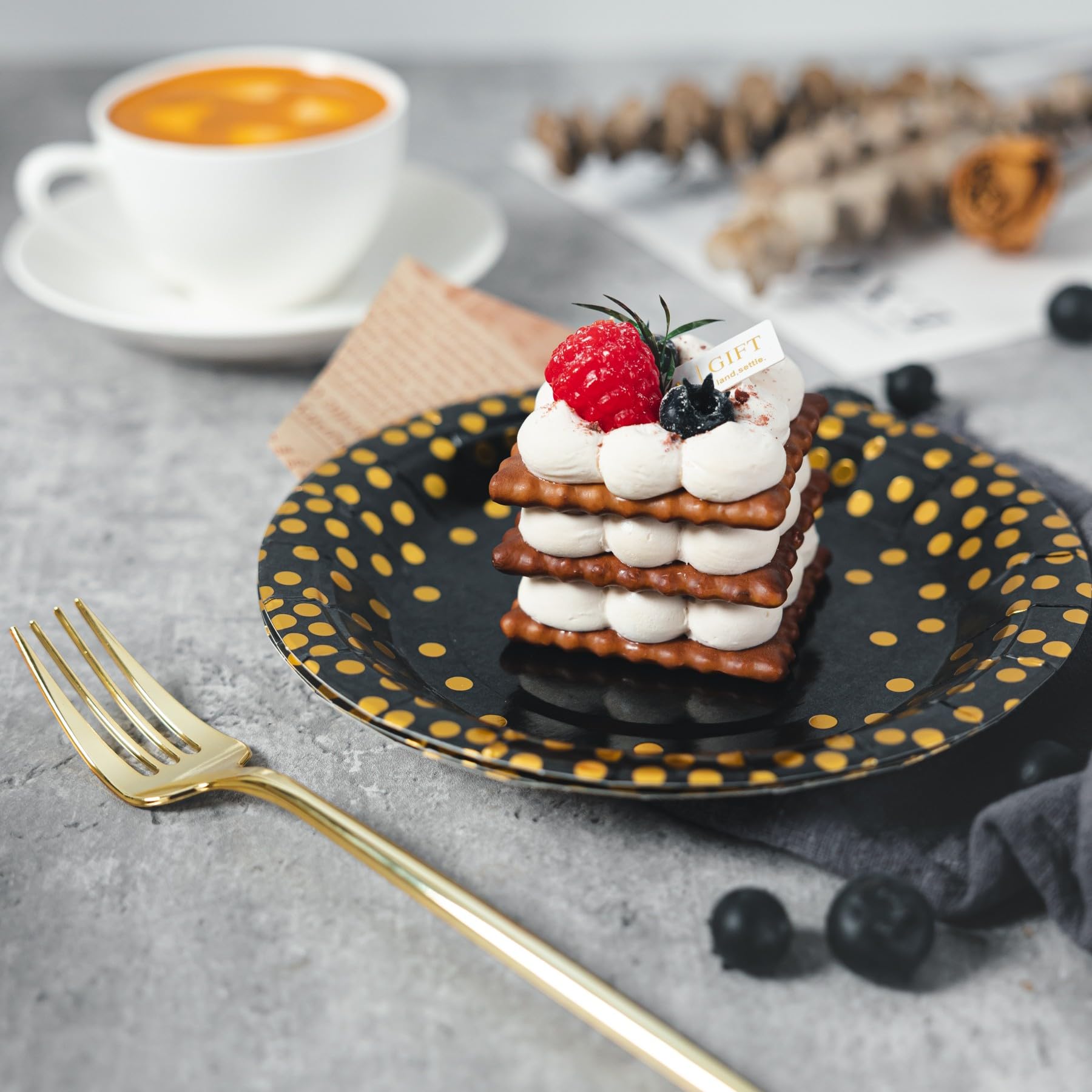 Lullaby 120PCS Black Paper Plates, Black and Gold Paper Plates, 60pcs Dinner Plates 9",60pcs Dessert Plates 7", Disposable Graduation Plates with Golden Dot for Birthday party, Halloween