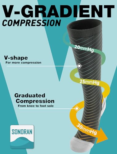 SONORAN 6 Pairs Compression Socks for Men & Women 20-30 mmHg Graduated Compression Socks Knee High Best Support for Running, Travel, Athletic L/XL(Gray Yellow)