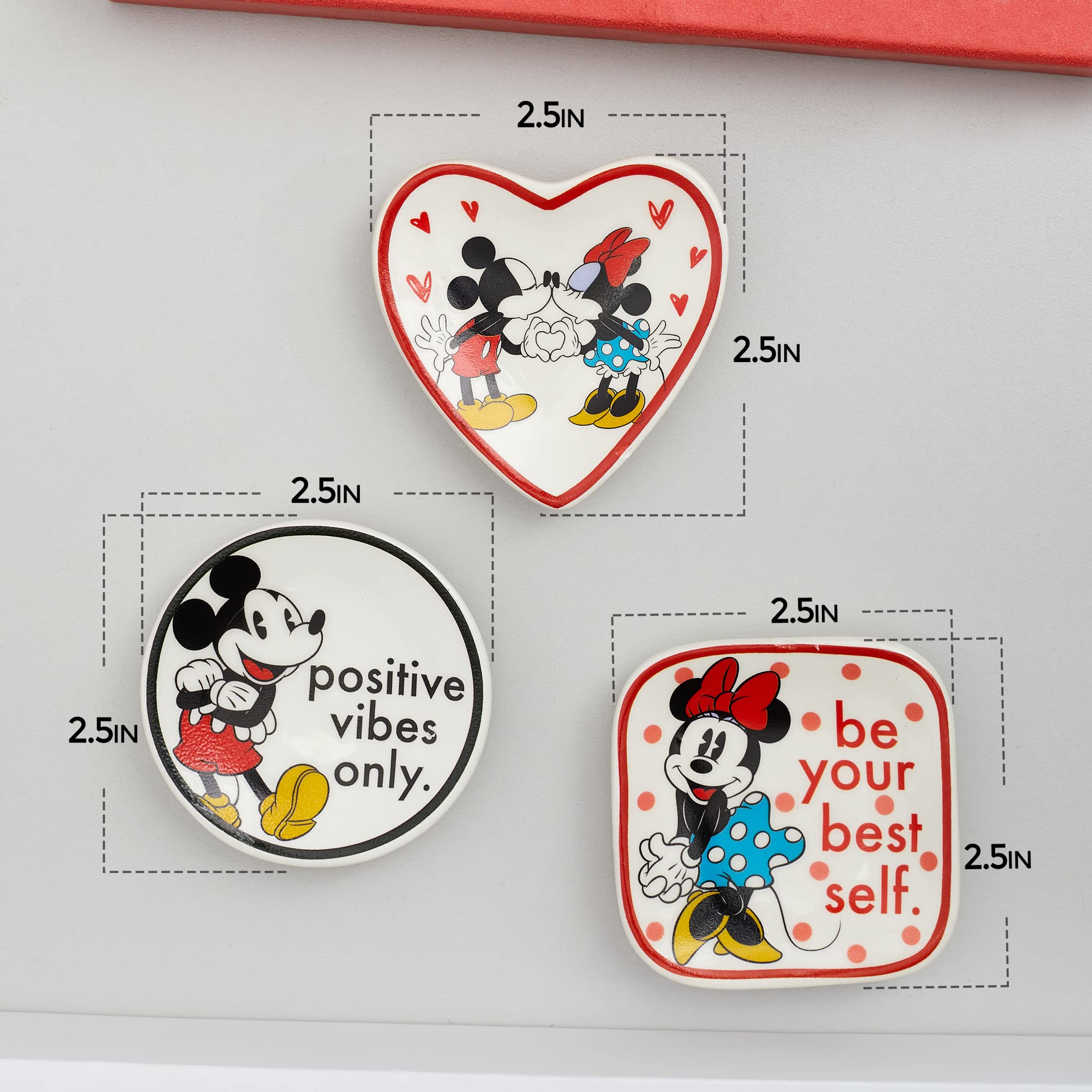Disney Mickey and Minnie Mouse Mini Trinket Dish Set - Mini Ceramic Trinket Tray, 3-Piece Gift Set - Jewelry Dish Ring Holder