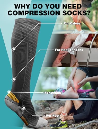 SONORAN 6 Pairs Compression Socks for Men & Women 20-30 mmHg Graduated Compression Socks Knee High Best Support for Running, Travel, Athletic L/XL(Gray Yellow)