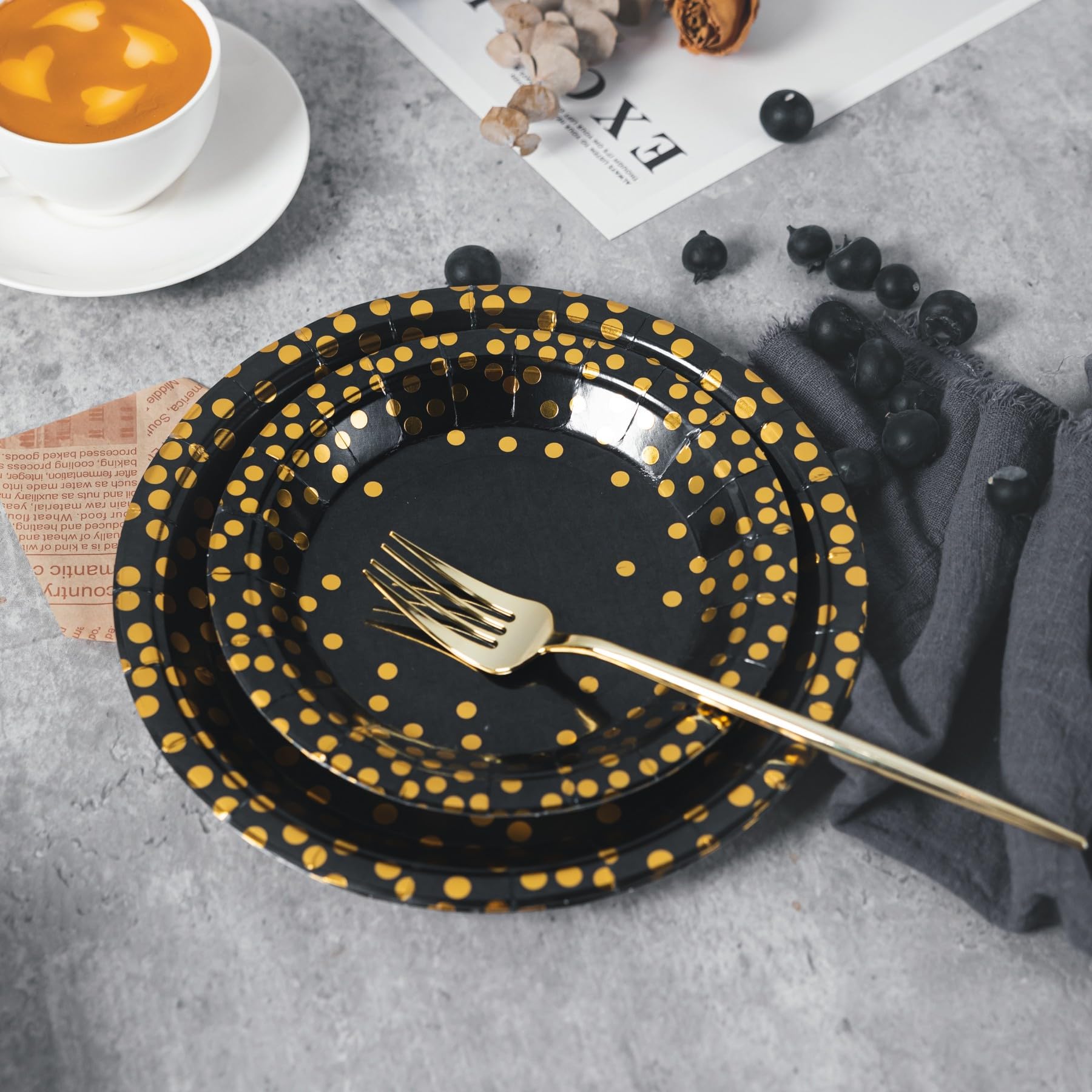 Lullaby 120PCS Black Paper Plates, Black and Gold Paper Plates, 60pcs Dinner Plates 9",60pcs Dessert Plates 7", Disposable Graduation Plates with Golden Dot for Birthday party, Halloween