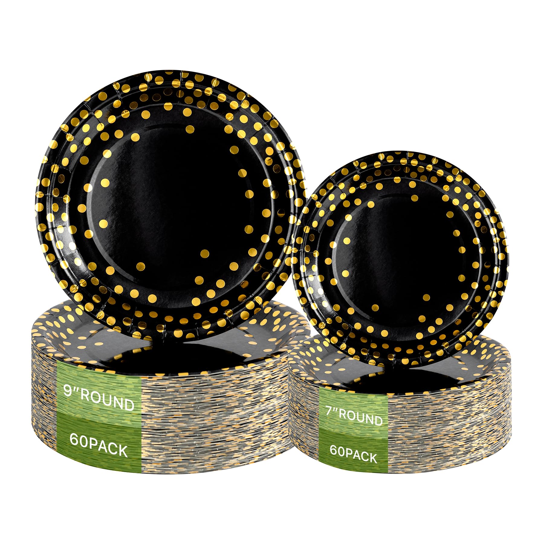 Lullaby 120PCS Black Paper Plates, Black and Gold Paper Plates, 60pcs Dinner Plates 9",60pcs Dessert Plates 7", Disposable Graduation Plates with Golden Dot for Birthday party, Halloween