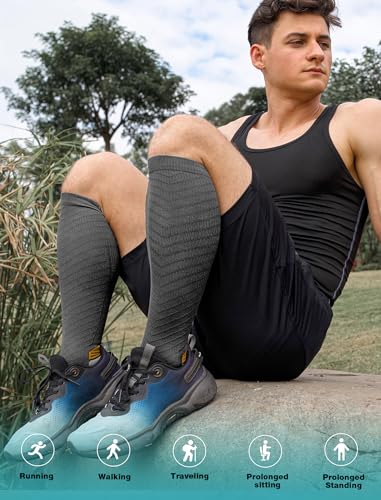 SONORAN 6 Pairs Compression Socks for Men & Women 20-30 mmHg Graduated Compression Socks Knee High Best Support for Running, Travel, Athletic L/XL(Gray Yellow)
