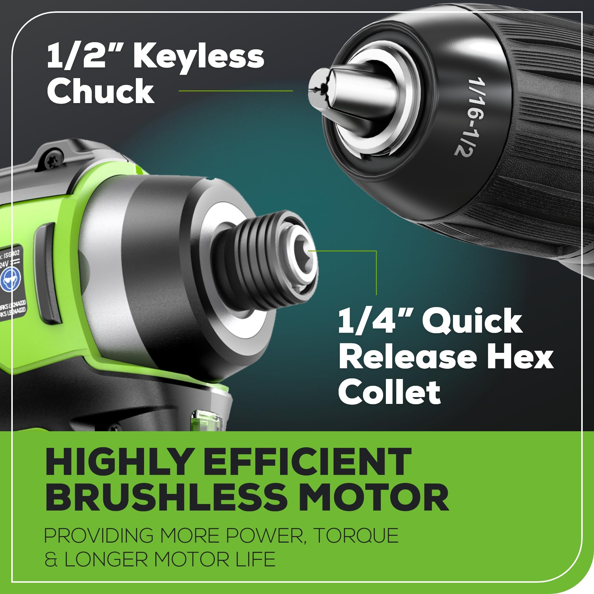 [Professional Grade] Greenworks 24V Max Cordless Brushless Drill + Impact Combo Kit, (2) 2.0Ah Batteries, FAST Charger, and Bag Included