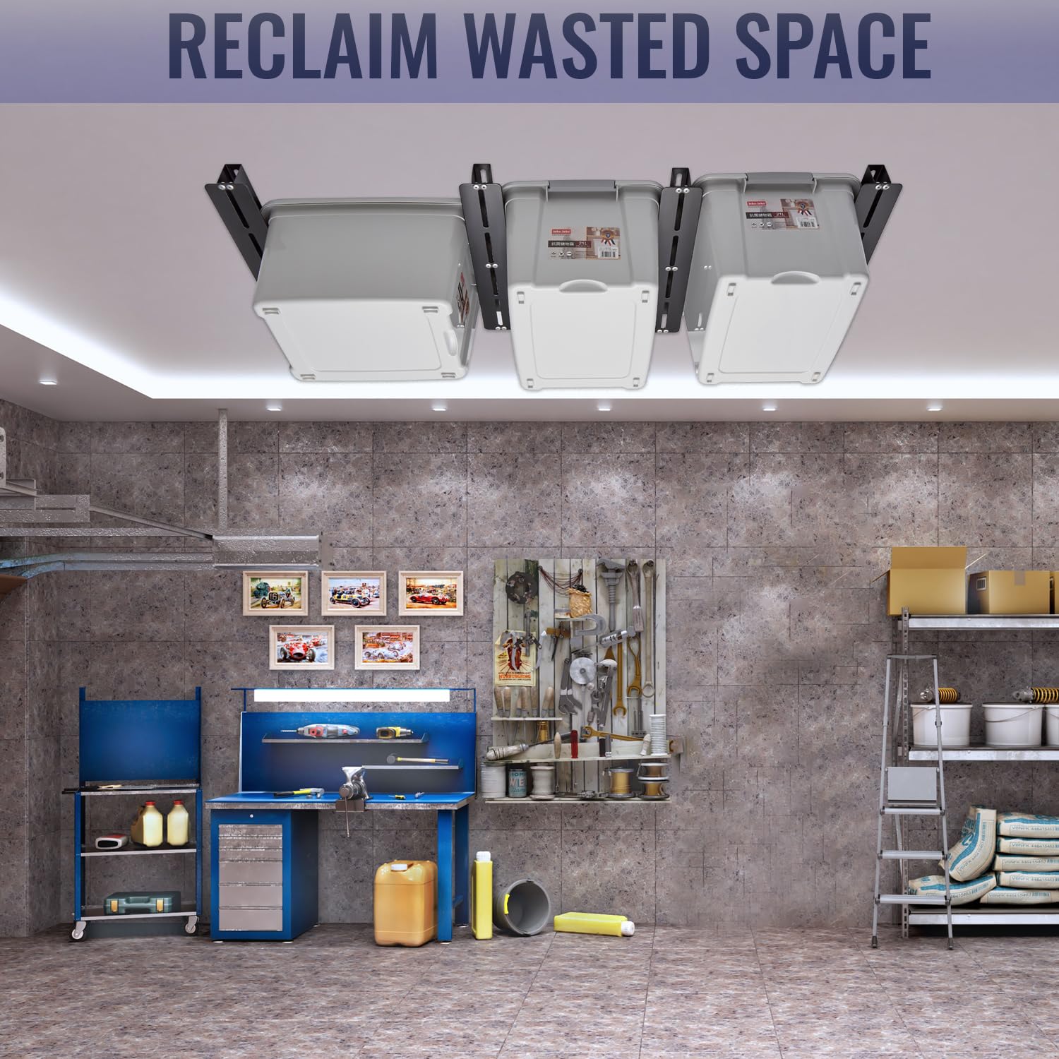 Wallmaster Overhead Storage Bin Rack for 3 Bins, Ceiling Garage Storage Bracket for Holding Gallon Tote, Heavy Duty Metal Storage Organization