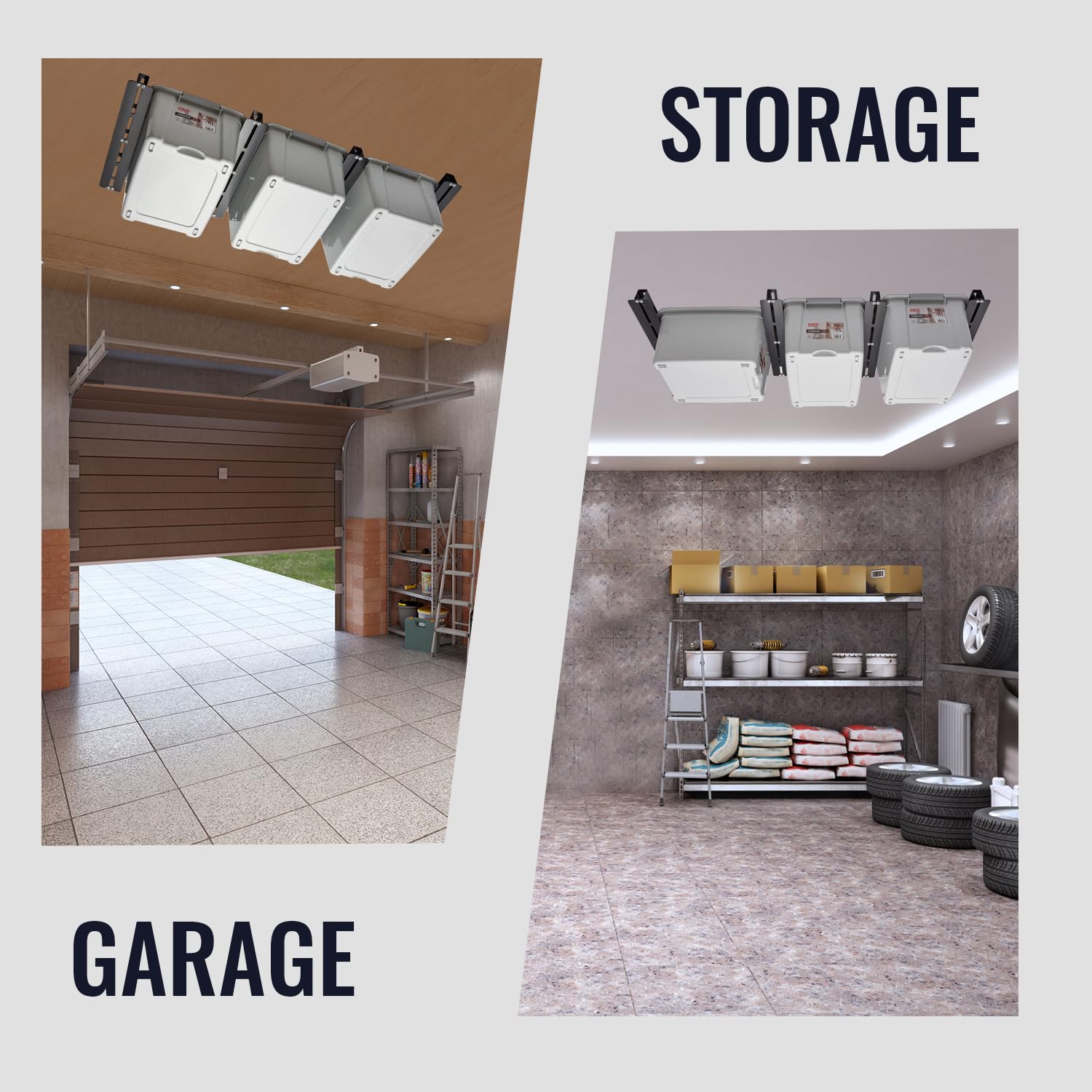 Wallmaster Overhead Storage Bin Rack for 3 Bins, Ceiling Garage Storage Bracket for Holding Gallon Tote, Heavy Duty Metal Storage Organization