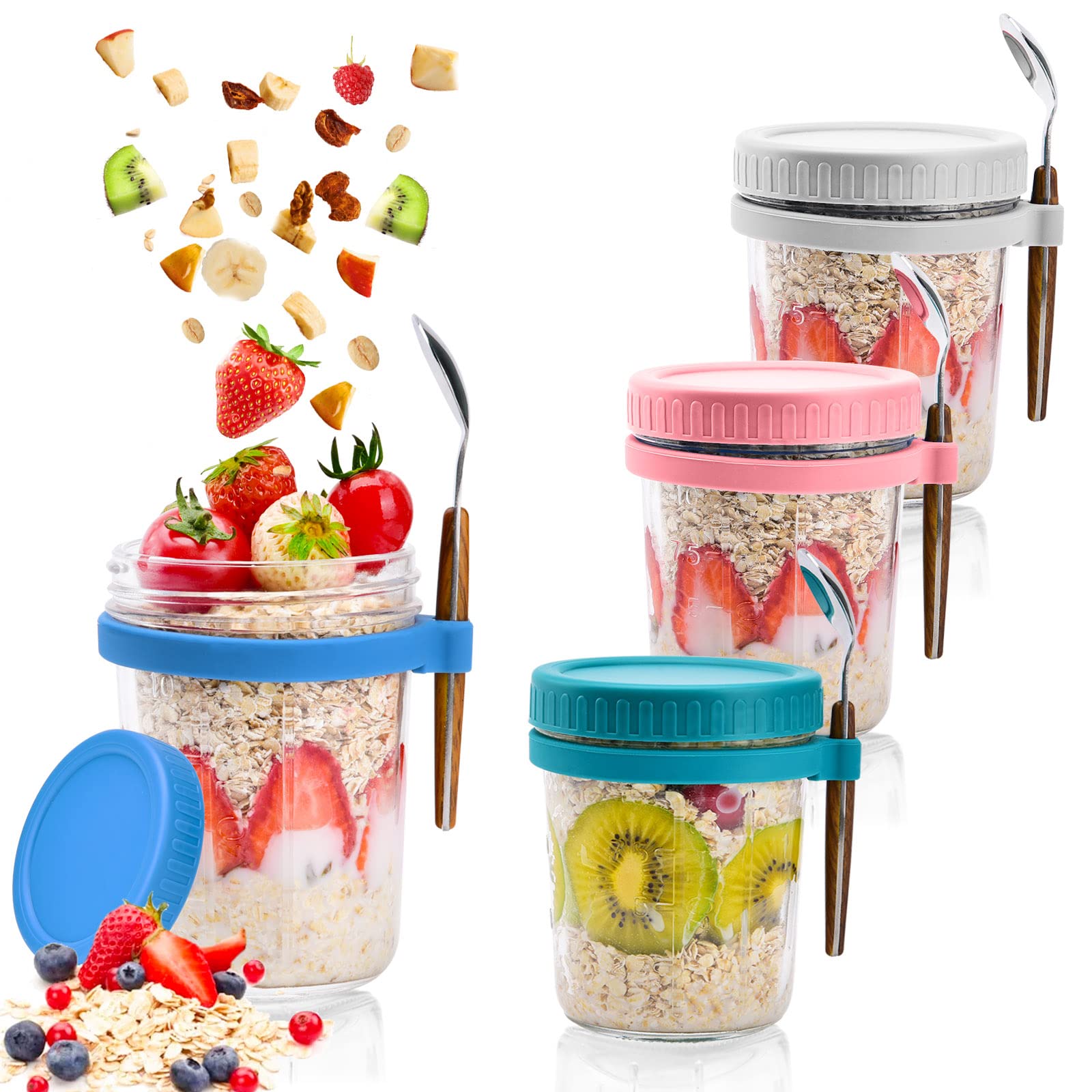 4 Pcs Portable Overnight Oats Containers with Lids and Spoons, 12 oz Mason Jars, Glass Jars with Measurement Marking, Reusable Yogurt Container for Cereal Fruit Salad