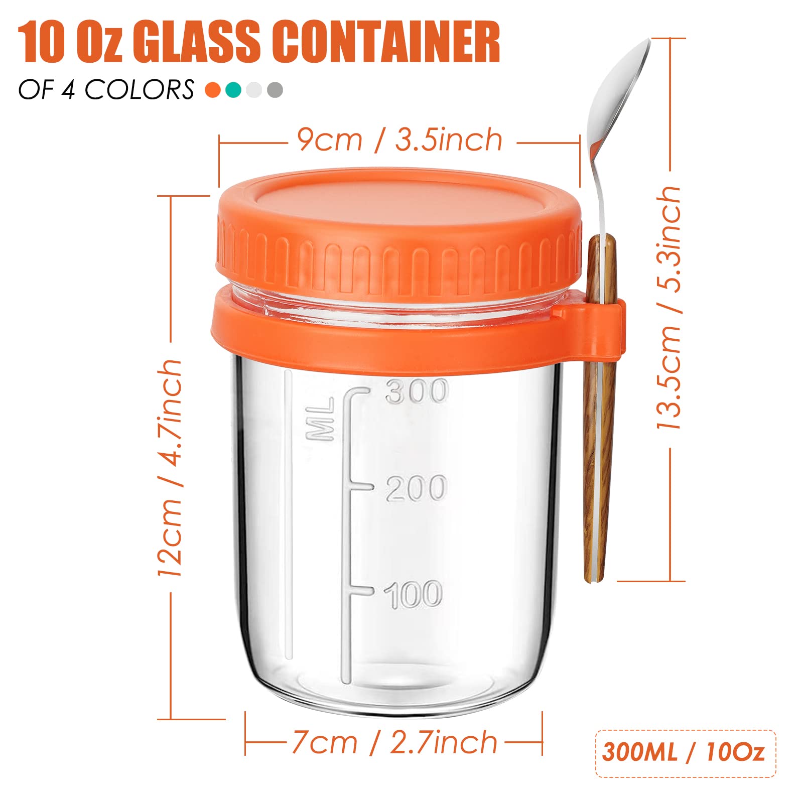 4 Pack Overnight Oat Container with Lid and Spoon, 16 Oz Glass Mason Overnight Oats Jars, Container with Measurement Marks, Portable Large Capacity Airtight Oats Jar for Milk, Cereal, Fruit, Yogurt
