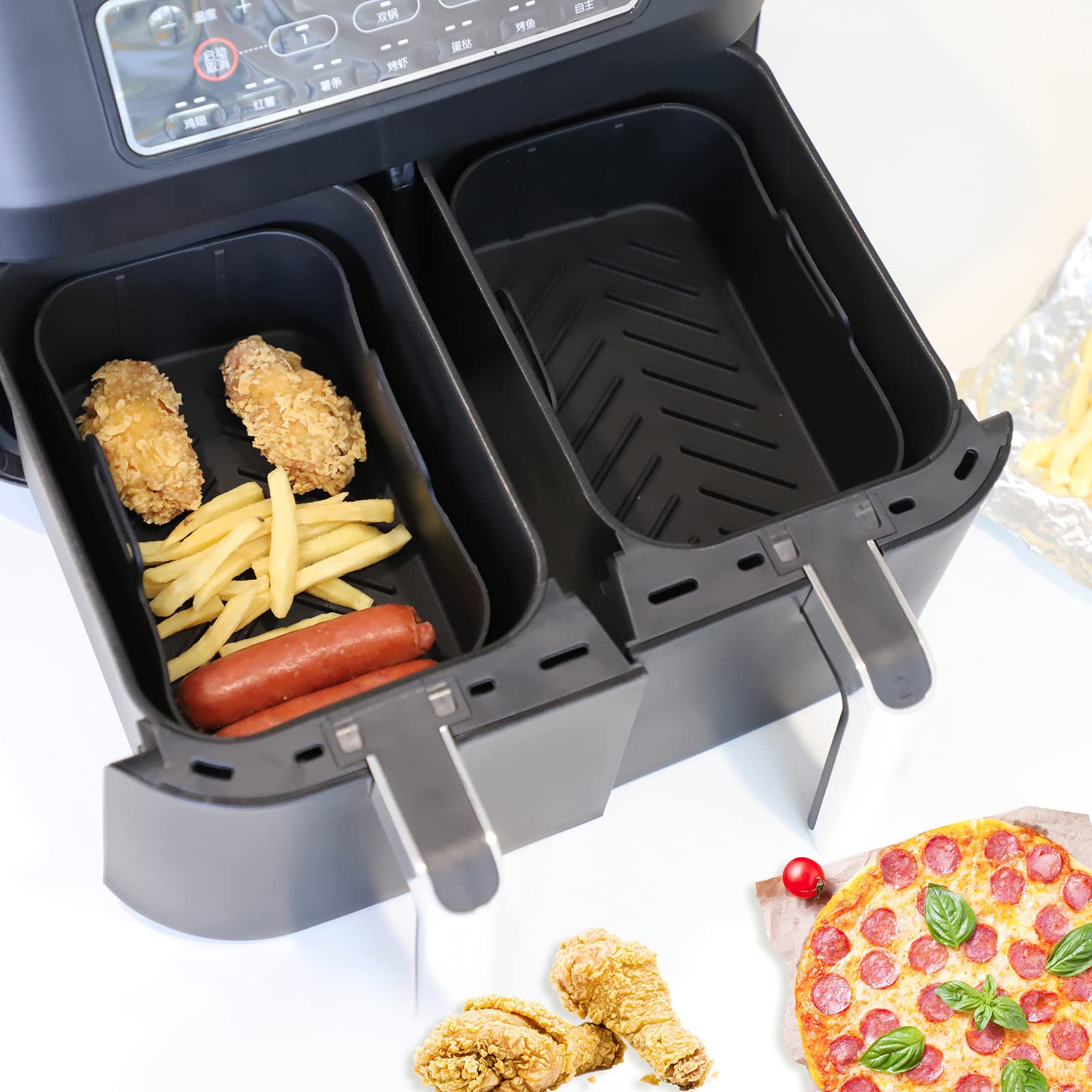 CUTIECLUB 2pcs Silicone Pot and 100pcs Disposable Liners Paper Set for Ninja DualZone XL/Dual Air Fryer, Rectangle Basket with Finger Holder and Clip