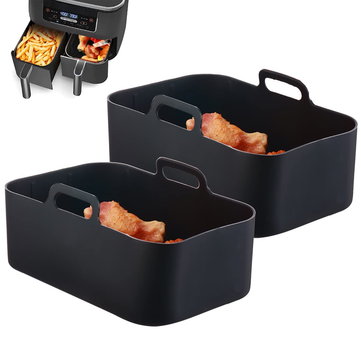 2 Pack Air Fryer Liners Silicone Pot for Ninja Foodi Dual DZ201 8QT / DZ090 6QT Air Fryer Accessories Reusable Air Fryer Silicone Liners Rectangle Air Fryer Basket for Oven Microwave, Black