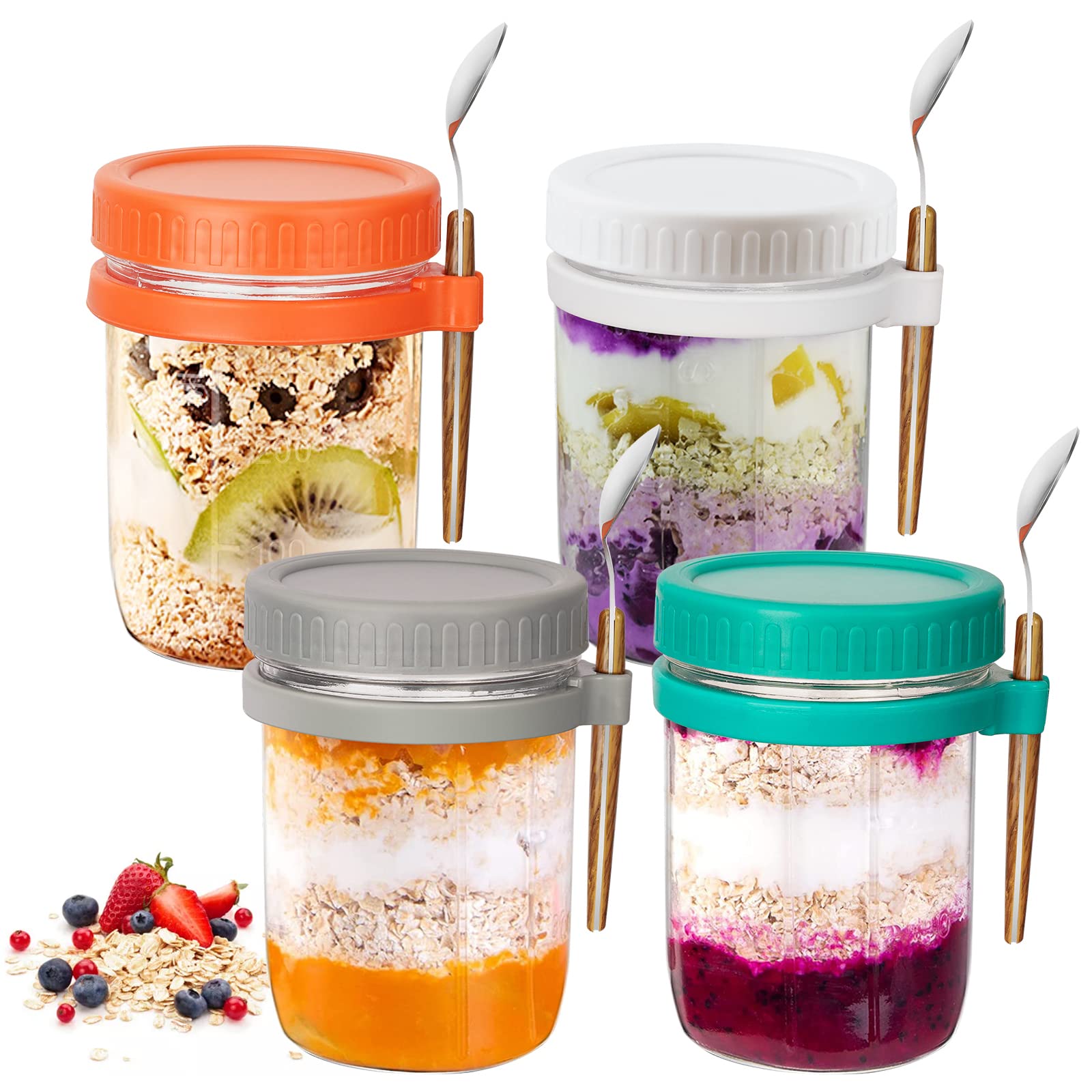 4 Pack Overnight Oat Container with Lid and Spoon, 16 Oz Glass Mason Overnight Oats Jars, Container with Measurement Marks, Portable Large Capacity Airtight Oats Jar for Milk, Cereal, Fruit, Yogurt