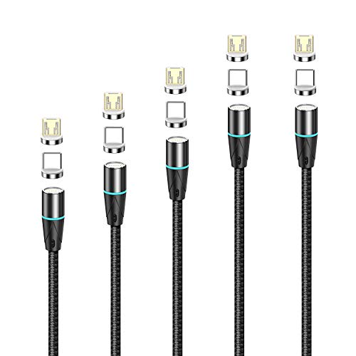 NetDot Gen12 Magnetic Charging Cable [5 Pack Black,1ft/3.3ft/5ft/6.6ft/6.6ft] Data Transfer Compatible with Micro USB & USB-C Smartphones Come with 10 Connectors