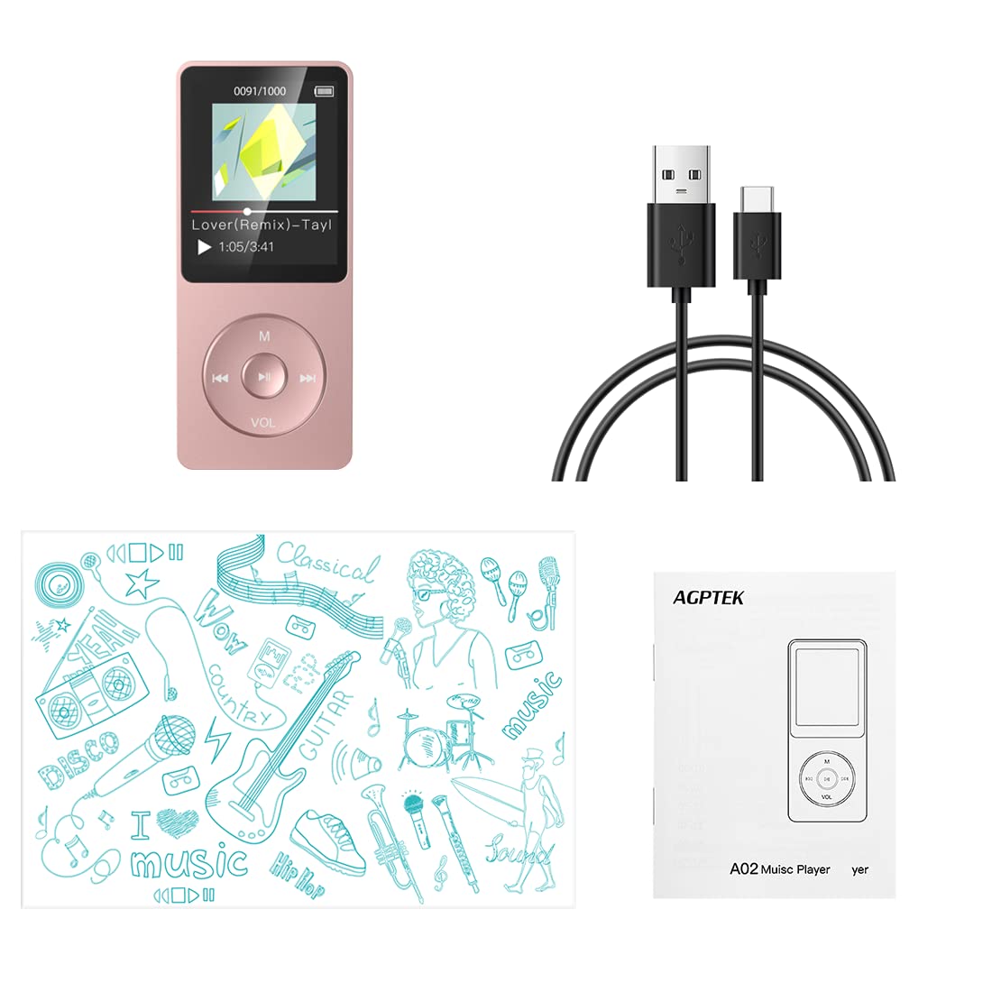 AGPTEK A02S 16GB MP3 Player, 70 Hours Playback Lossless Sound Music Player, Supports up to 128GB, Rose Gold
