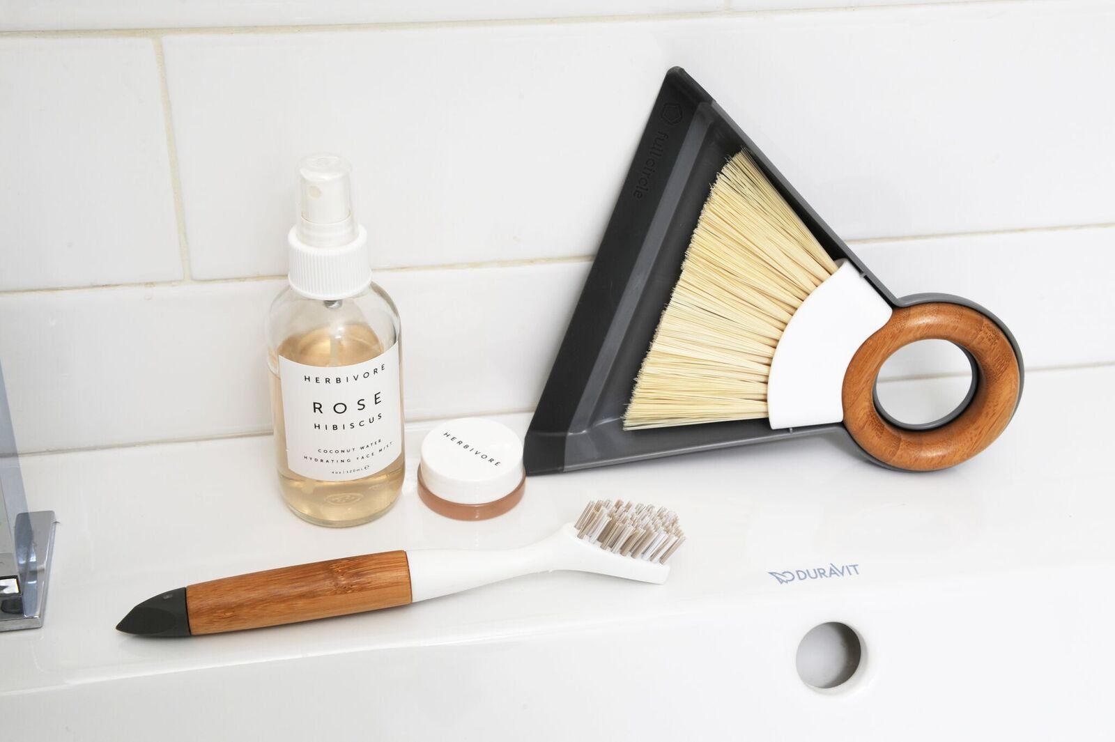 Full Circle and Brush Set, White Tiny Team Mini Dustpan and Micro Manager Home & Kitchen Detail Cleaning Brush, White