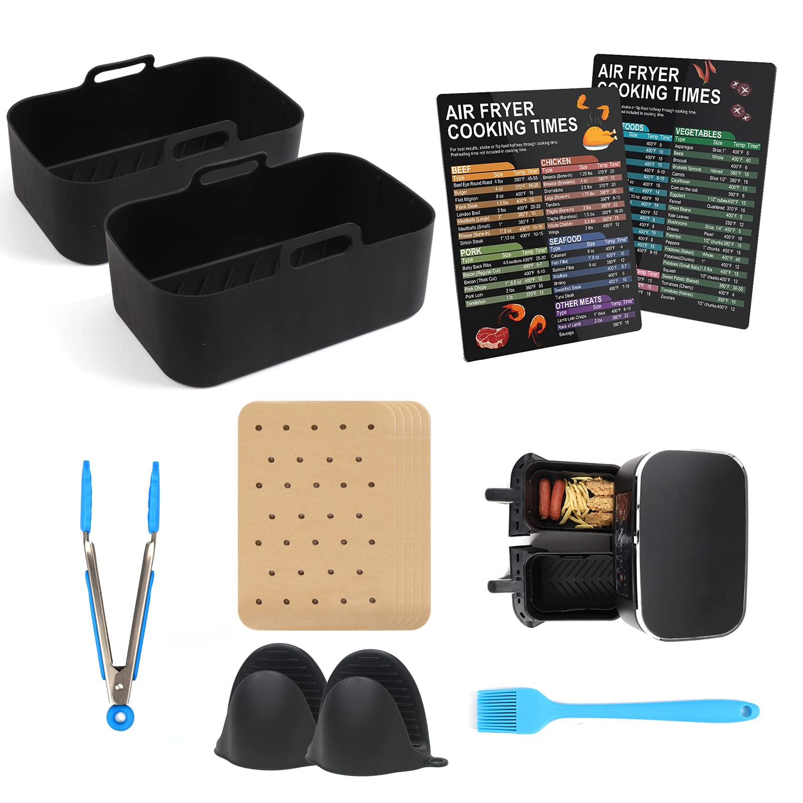 CUTIECLUB 2pcs Silicone Pot and 100pcs Disposable Liners Paper Set for Ninja DualZone XL/Dual Air Fryer, Rectangle Basket with Finger Holder and Clip