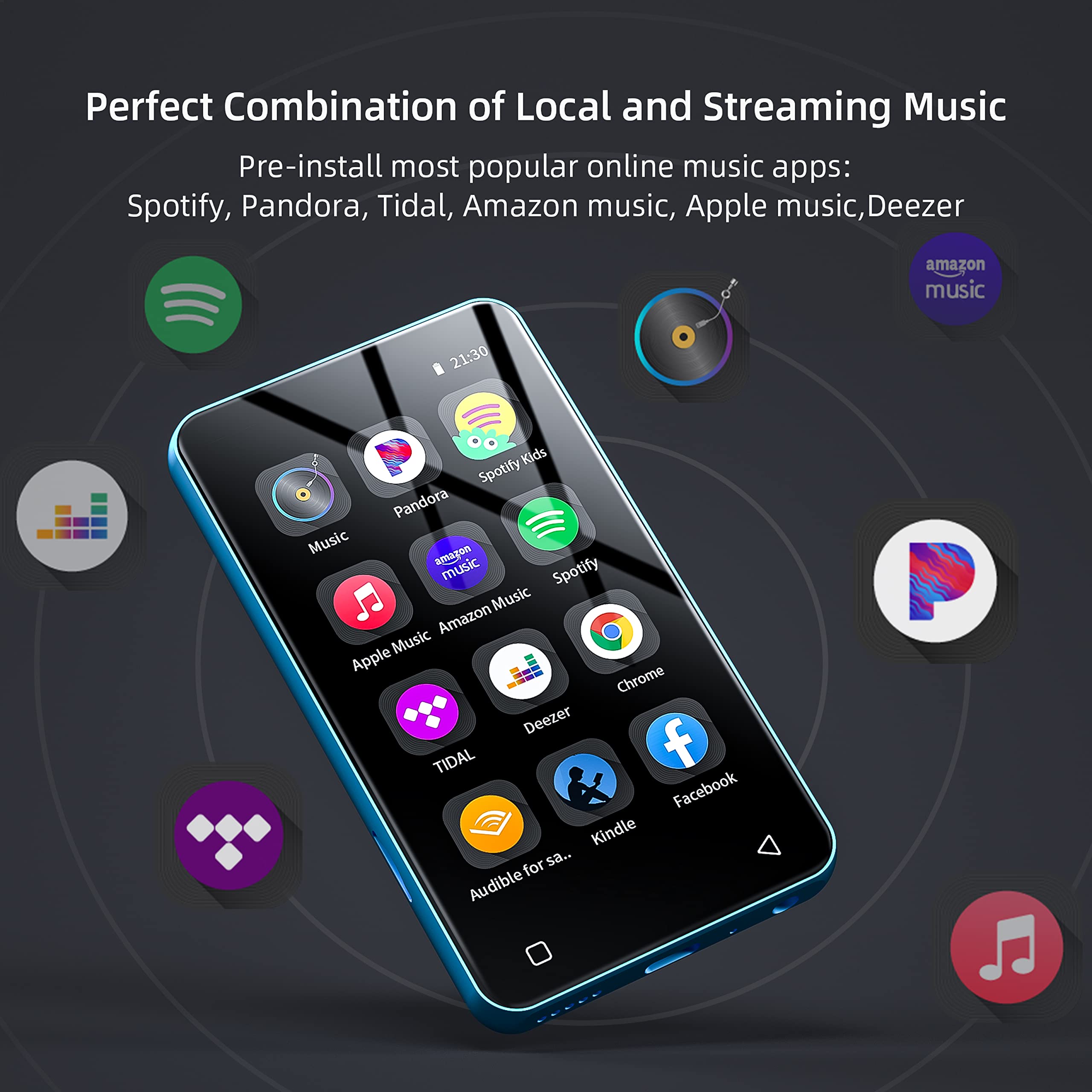 MP3 Player with Bluetooth and WiFi,MP3 Player with Spotify,Spotify Kids,Audible,Pandora,Amazon Music,4" Music Player MP4 Up to 1TB(80GB,Blue_White)