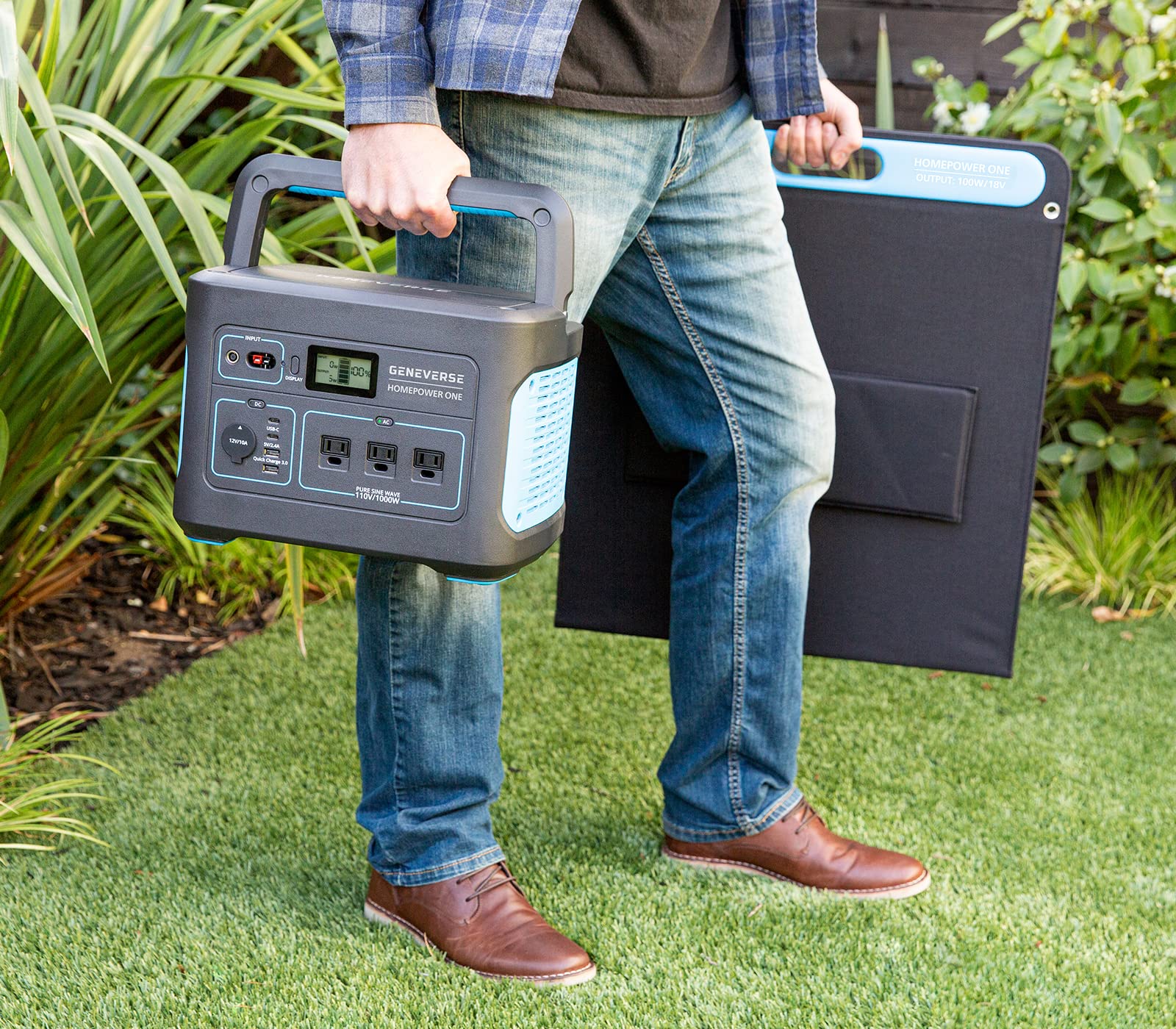 Geneverse 1002Wh (2x2) Solar Generator Bundle: 2X HomePower ONE Portable Power Stations (3X 1000W AC Outlets Each) + 2X 100W Solar Panels. Quiet, Indoor-Safe Backup Battery Generators For Home Devices
