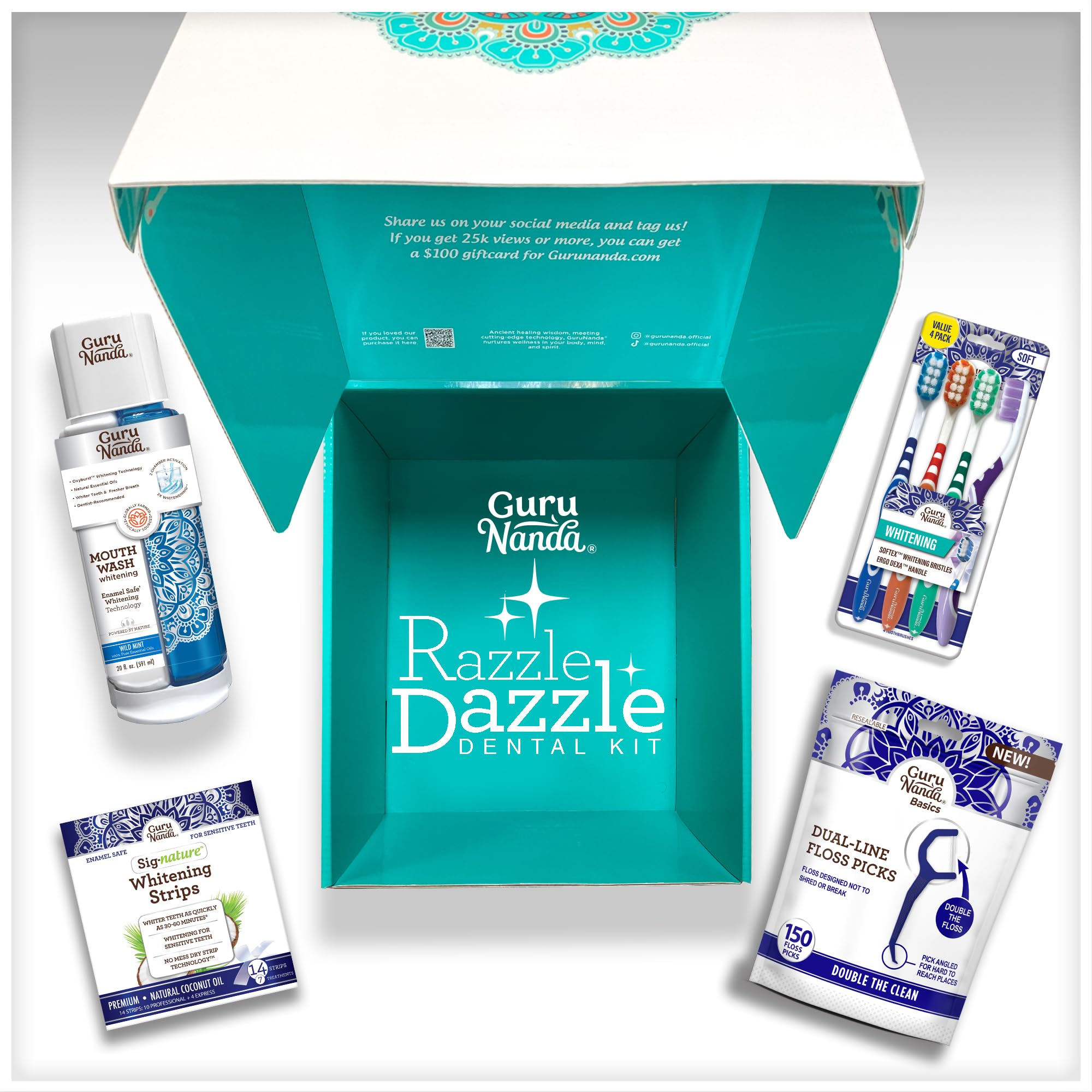 GuruNanda Teeth Whitening Razzle Dazzle Kit - Includes 14 Whitening Strips, 4 Pk Whitening Toothbrush, 150 ct Floss Picks & 1 Dual Barrel Mouthwash - Enamel Safe Dental Kit for Sensitive Teeth & Gums