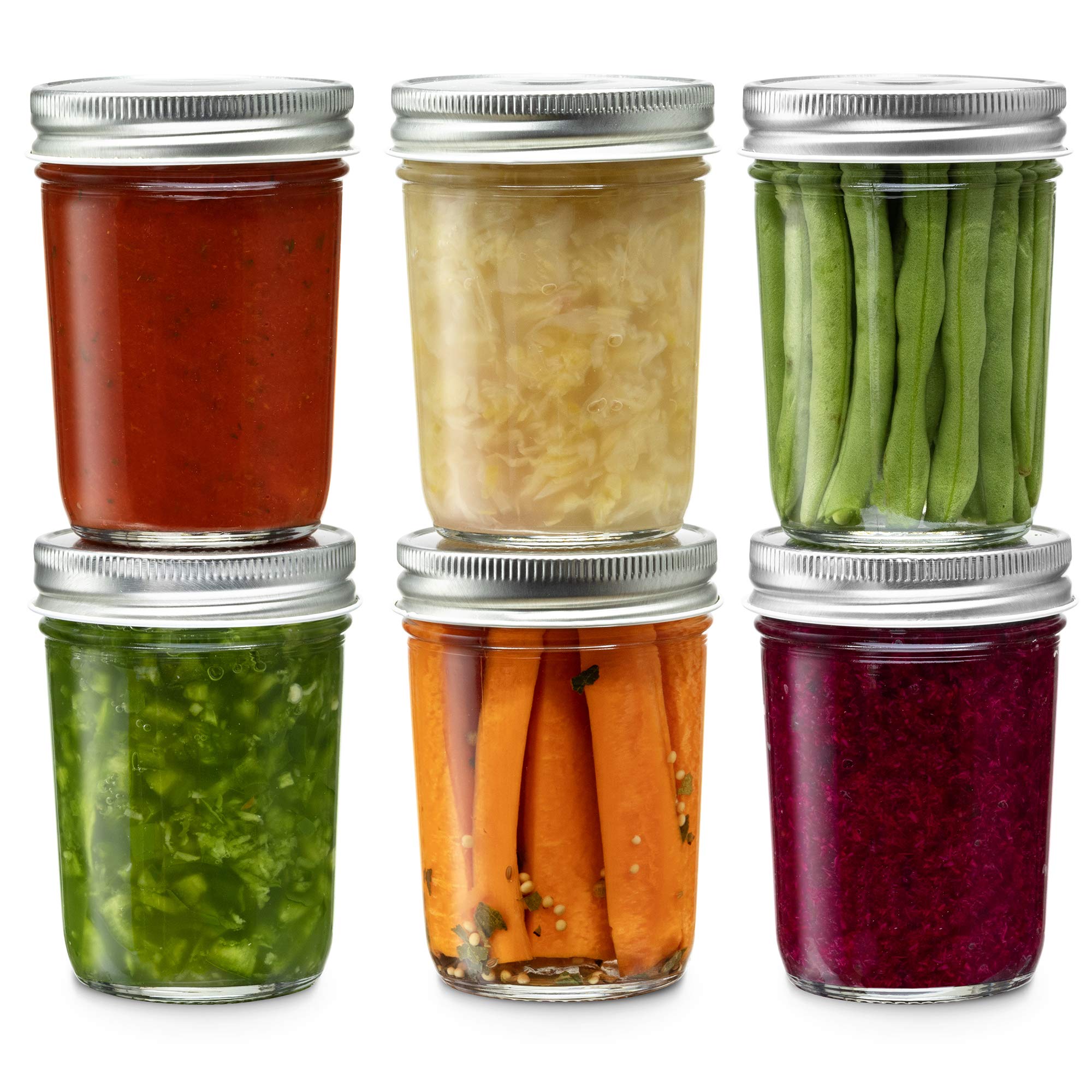 Paksh Novelty Glass Regular Mouth Mason Jars, 8 Oz Jars with Silver Metal Airtight Lids for Meal Prep, Dry Food Storage, Canning, Drinking, for Overnight Oats, Jelly, Spices, Salads, Yogurt (6 Pack)