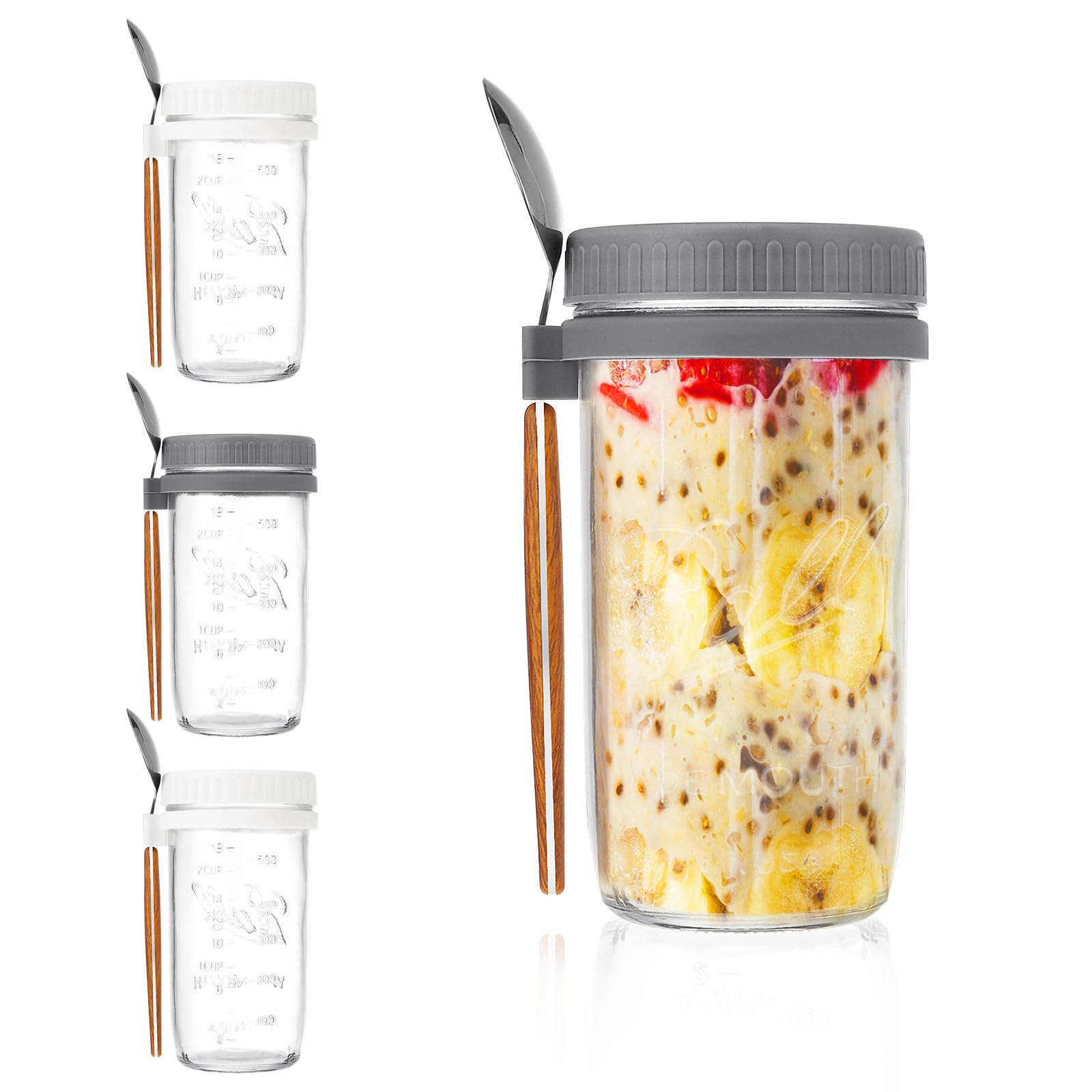 FRIUSATE 4 Pack Overnight Oats Containers with Lids and Spoons, 24 oz Glass Oatmeal Container with Measurement Marks, Large Capacity Airtight Mason Jars for Milk Cereal Fruit