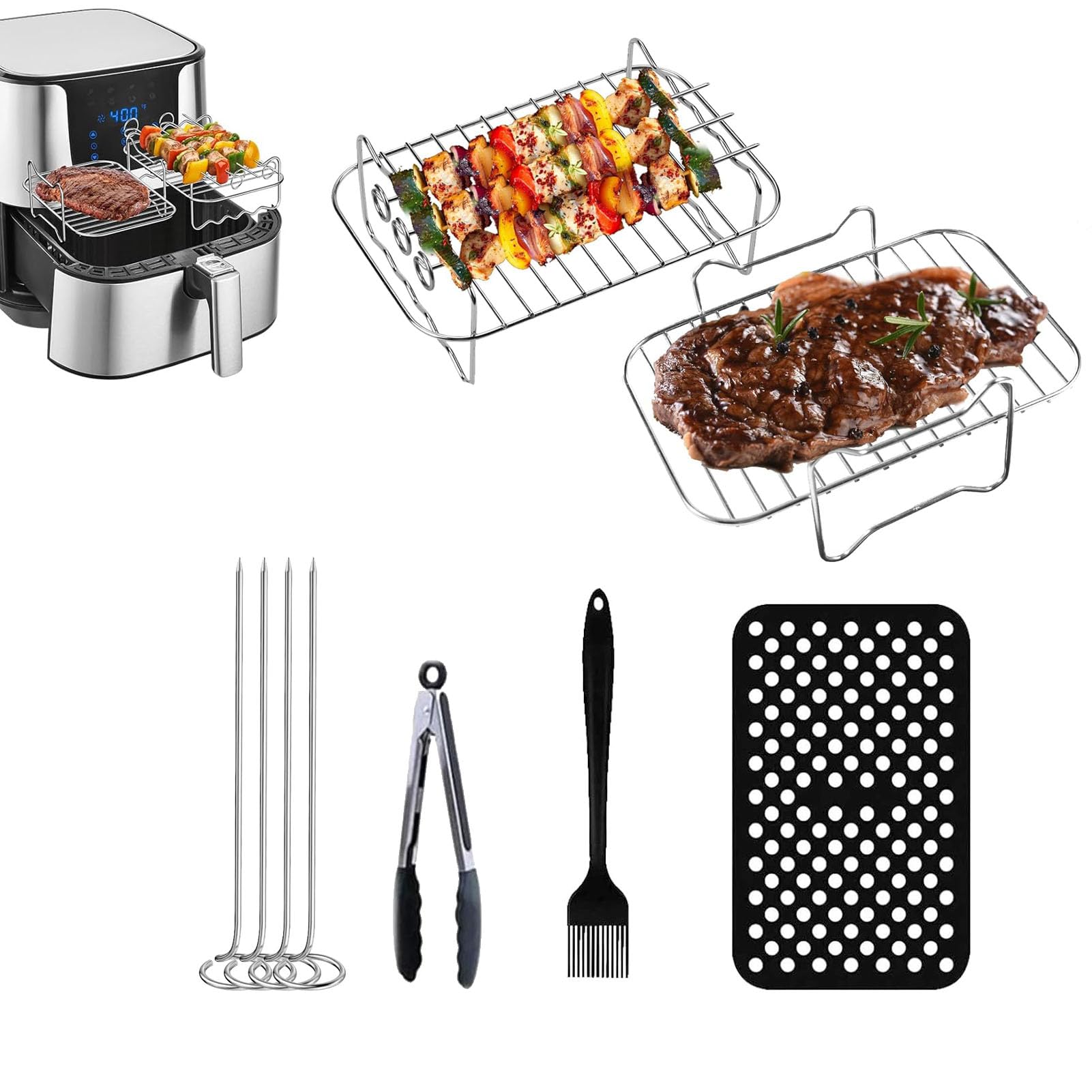 TuTuYa Air Fryer Rack for Ninja Dual Air Fryer DZ201/401 & Most 8Qt-10Qt, Air Fryers Accessories Include 1 Steam Grill Rack, 1 Skewer Rack, 1 Food Tongs, 1 Oil Brush, 1 Silicone Air Fryer Liner