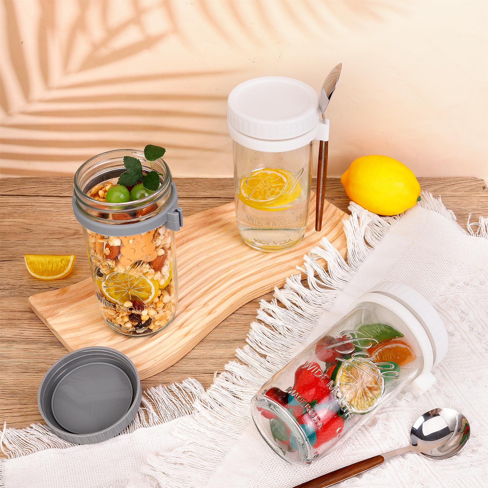 FRIUSATE 4 Pack Overnight Oats Containers with Lids and Spoons, 24 oz Glass Oatmeal Container with Measurement Marks, Large Capacity Airtight Mason Jars for Milk Cereal Fruit