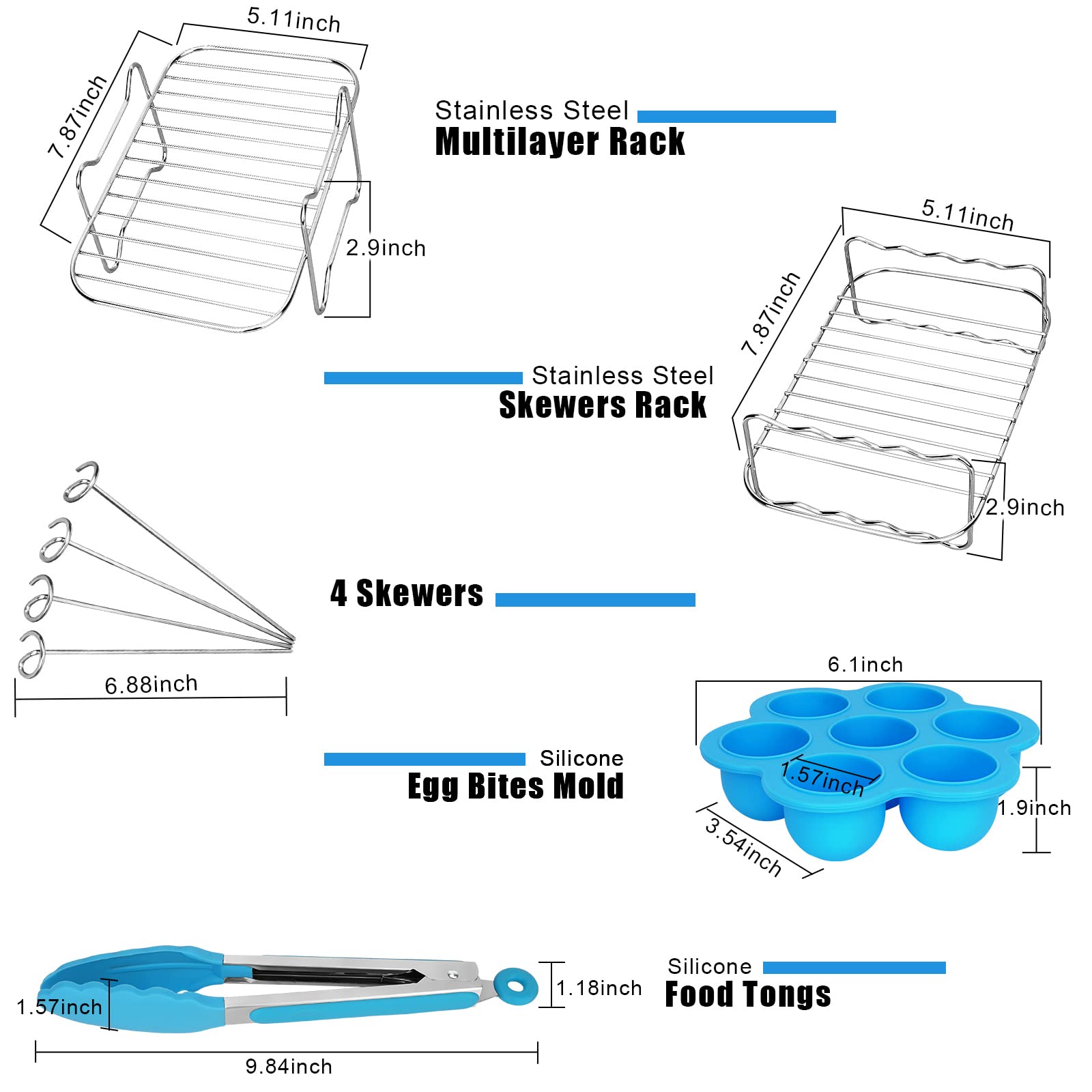 Air Fryer Accessories 8pcs Set, Nonstick Air Fryer Accessory with Cake Pan, Pizza Pan, Multi-Layer Rack, Skewer Rack, Fits Dual Basket Air Fryers