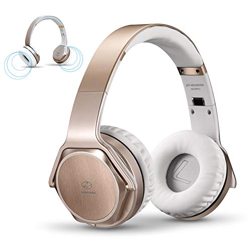Mobi7e Bluetooth Headphones Over-Ear 2 in 1 Cordless Foldable Twist-Out Speaker Wireless Stereo Bass Headphone with NFC FM Radio/AUX/TF Card Slot Sports Retractable Headband Headset (Gold)